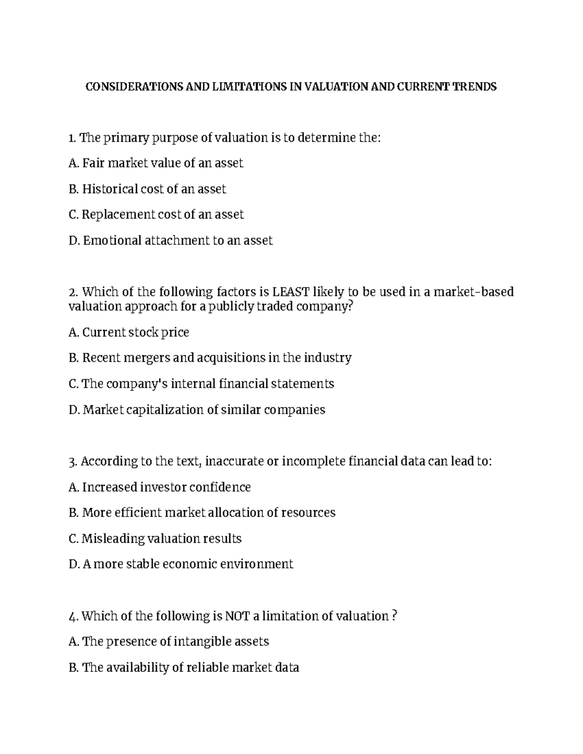 Considerations AND Limitations IN Valuation AND Current Trends QUIZ ...