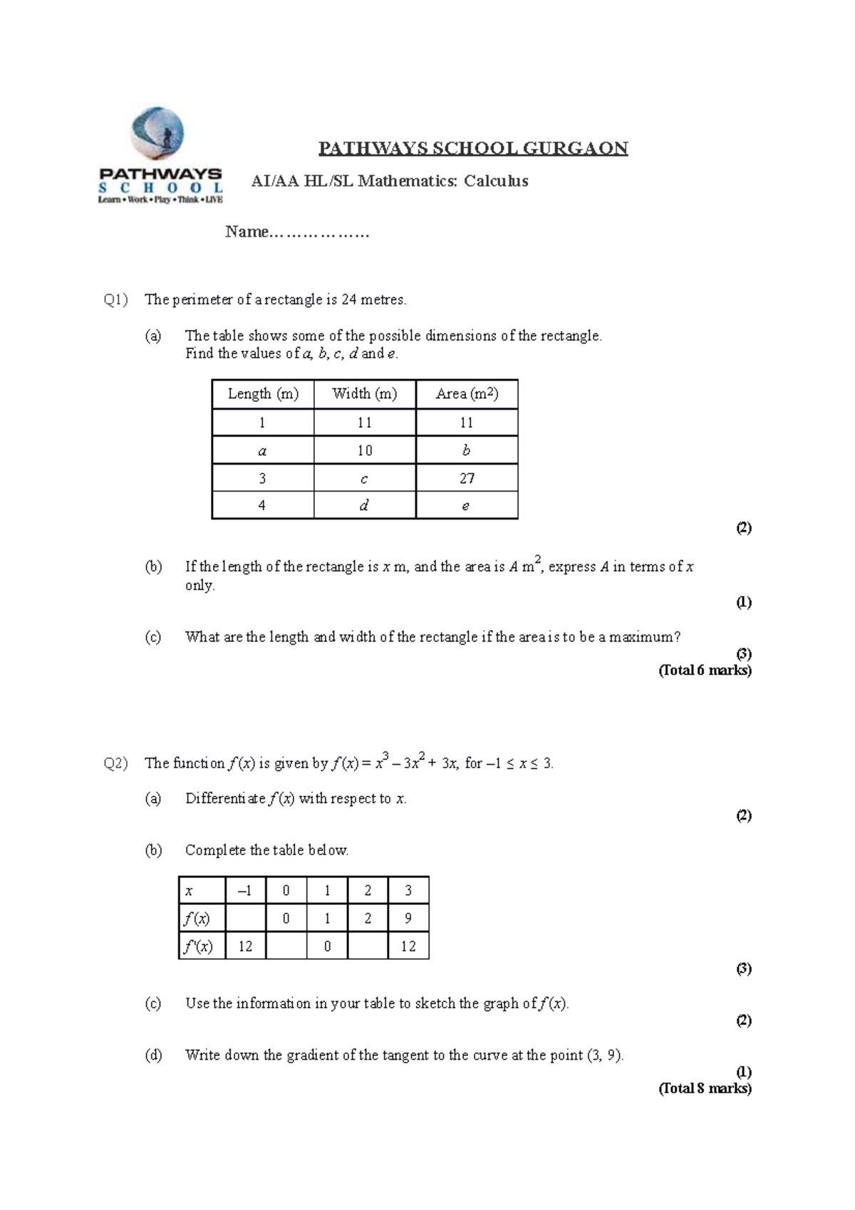 Math Paper 2 practice - PATHWAYS SCHOOL GURGAON AI/AA HL/SL Mathematics ...