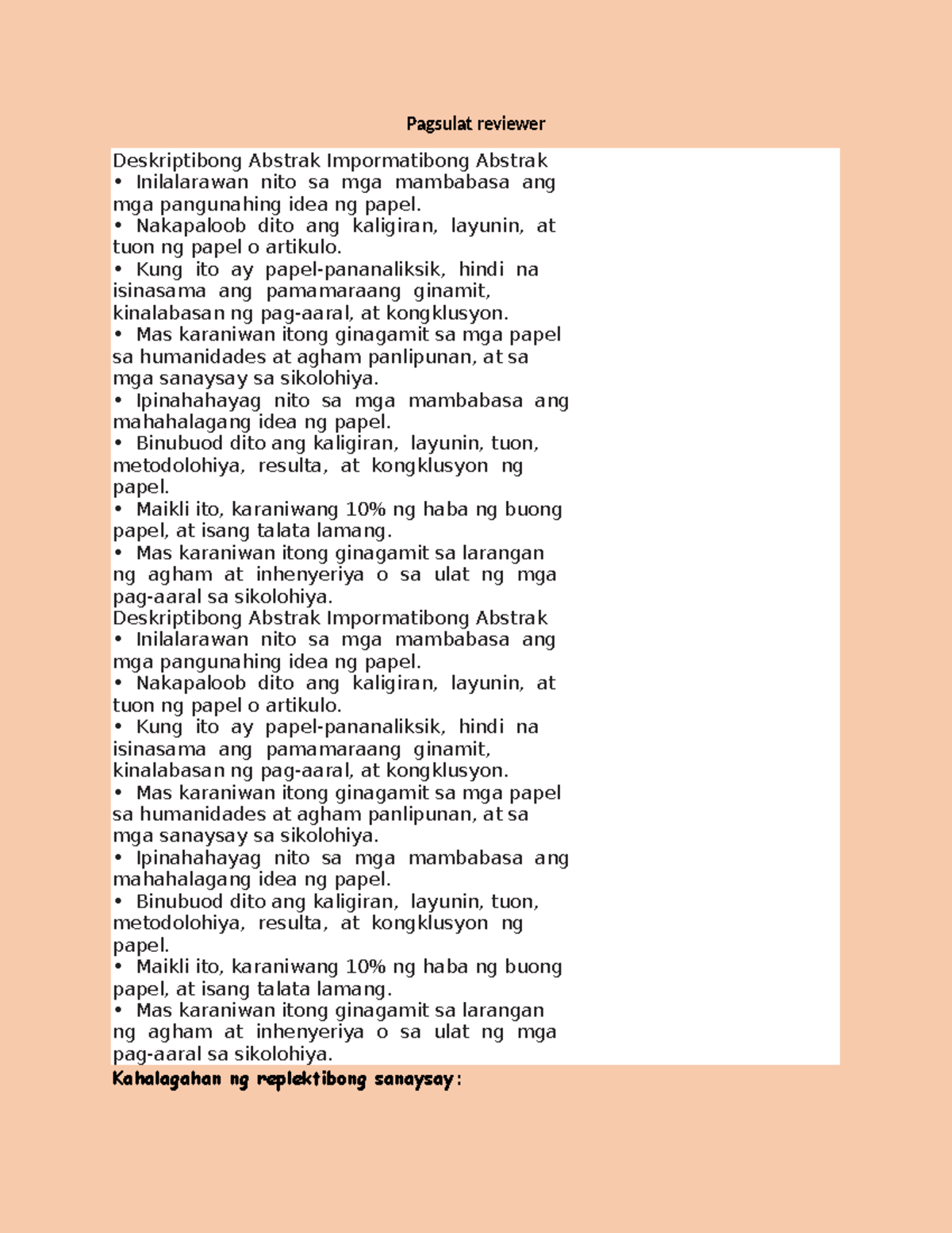 Pagsulat reviewer - Pagsulat reviewer Deskriptibong Abstrak ...