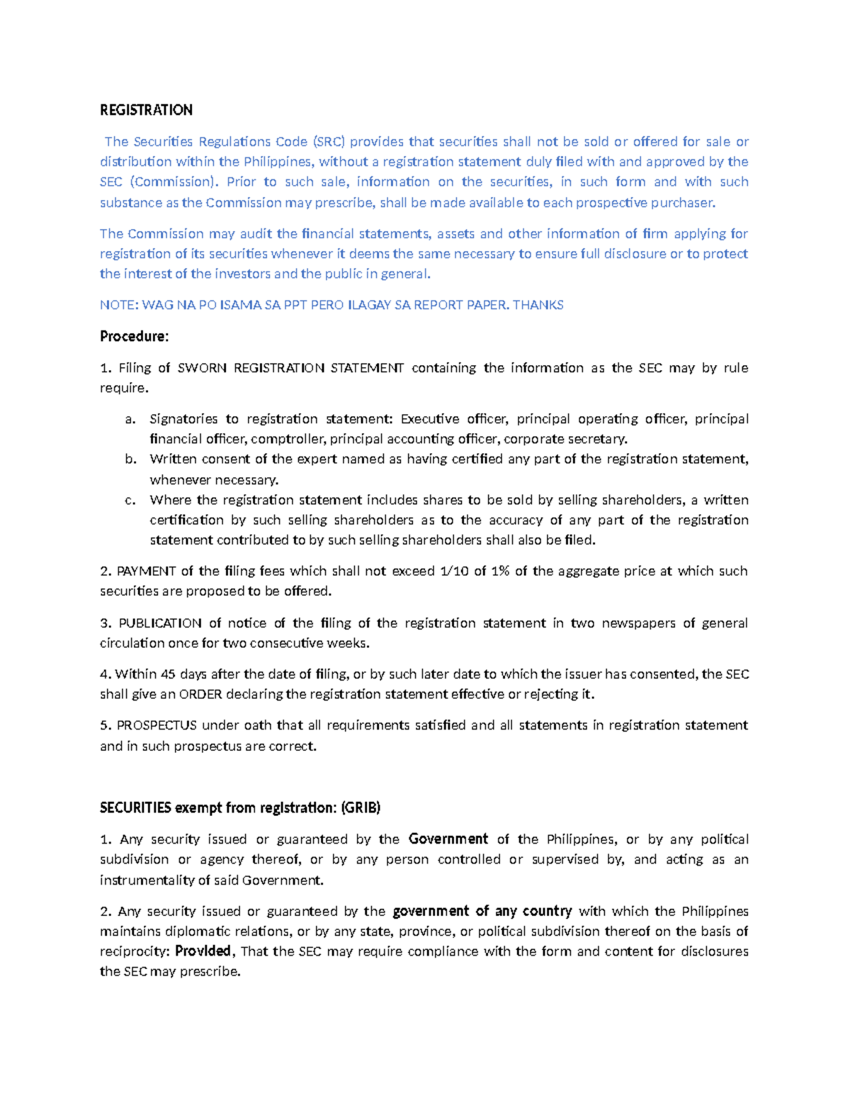 Procedure for Registration of Securities - REGISTRATION The Securities ...