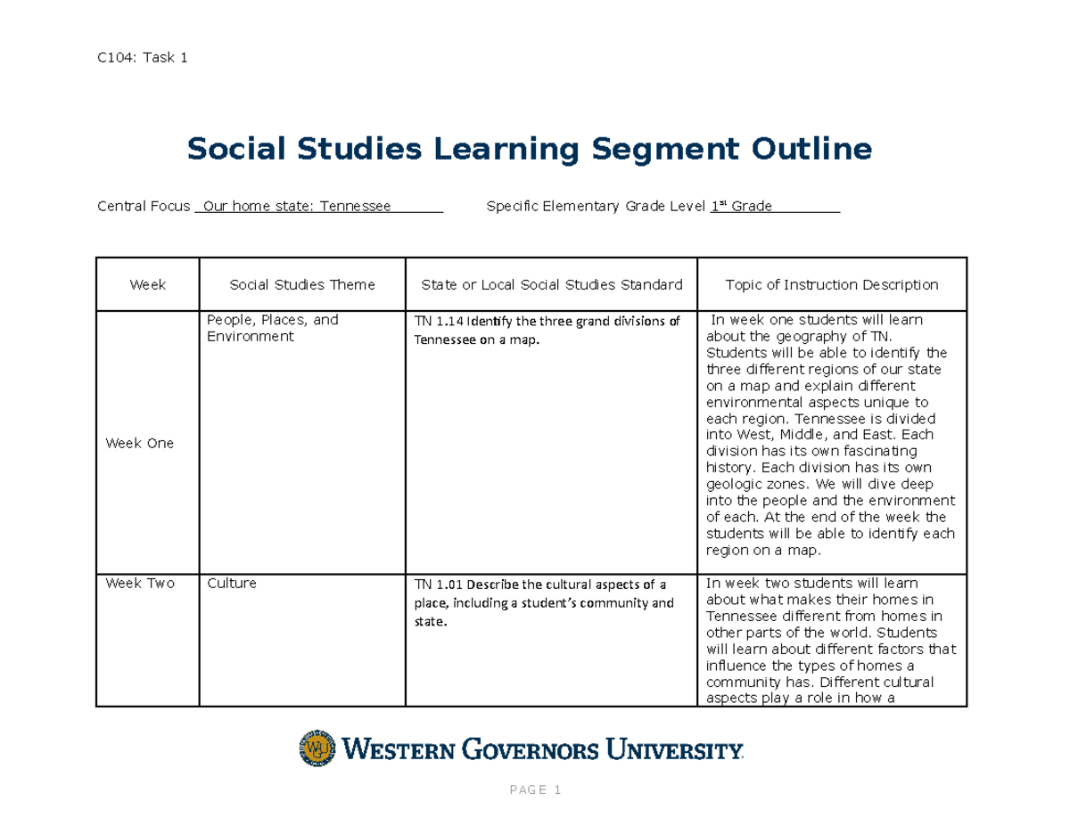 Social Studies Learning Segment Outline - C104 - WGU - Studocu