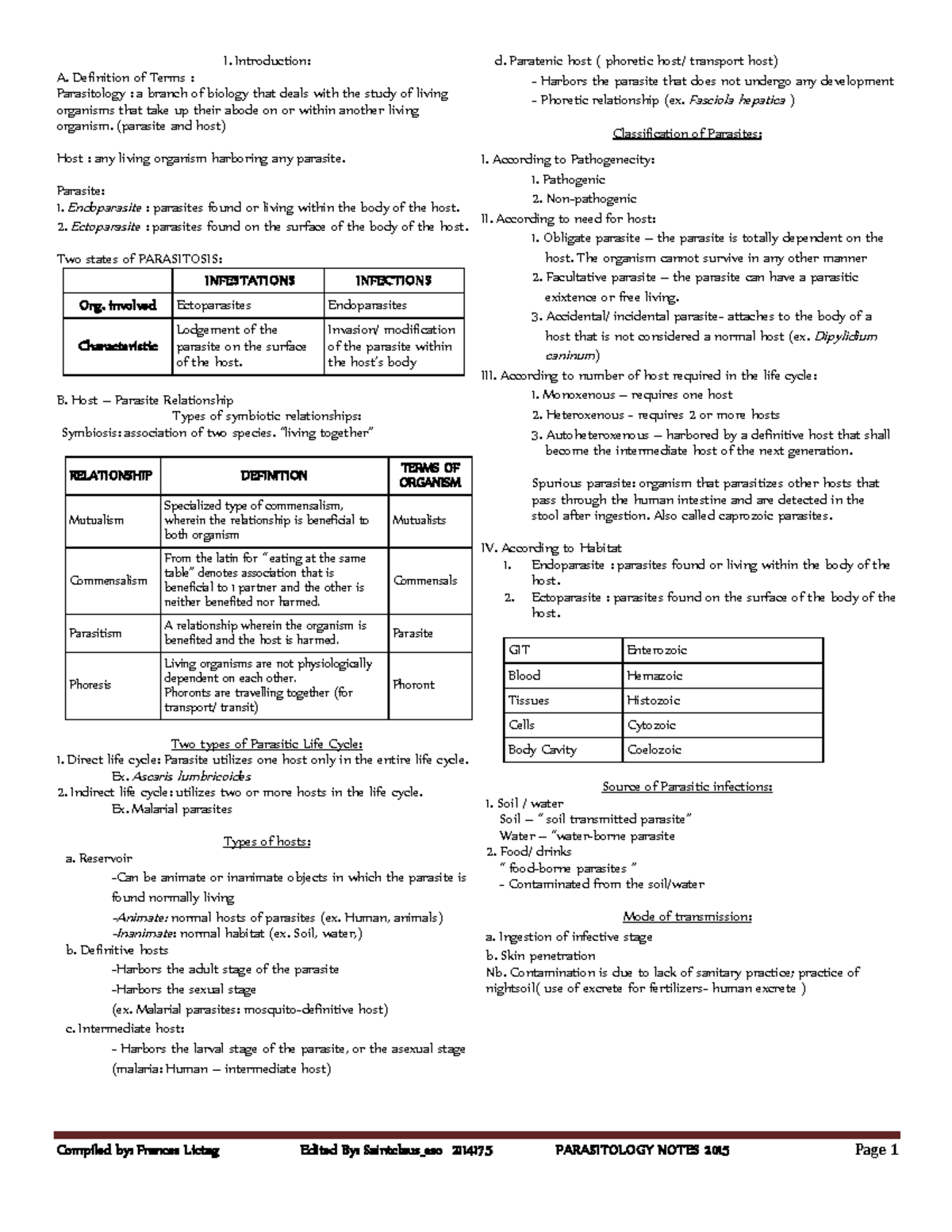 Parasitology- Notes - I. Introduction: A. Definition of Terms ...