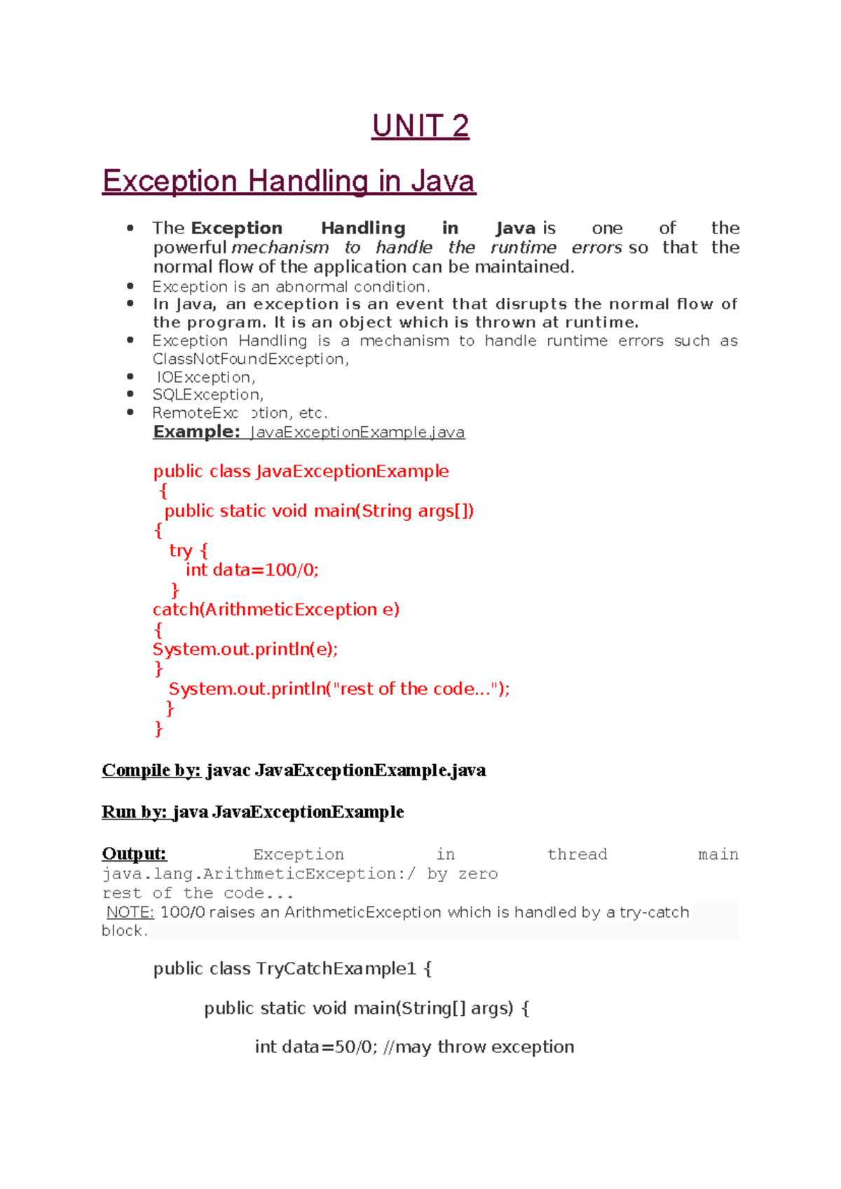 UNIT 2Java - oops2 - UNIT 2 Exception Handling in Java The Exception Handling in Java is one of ...