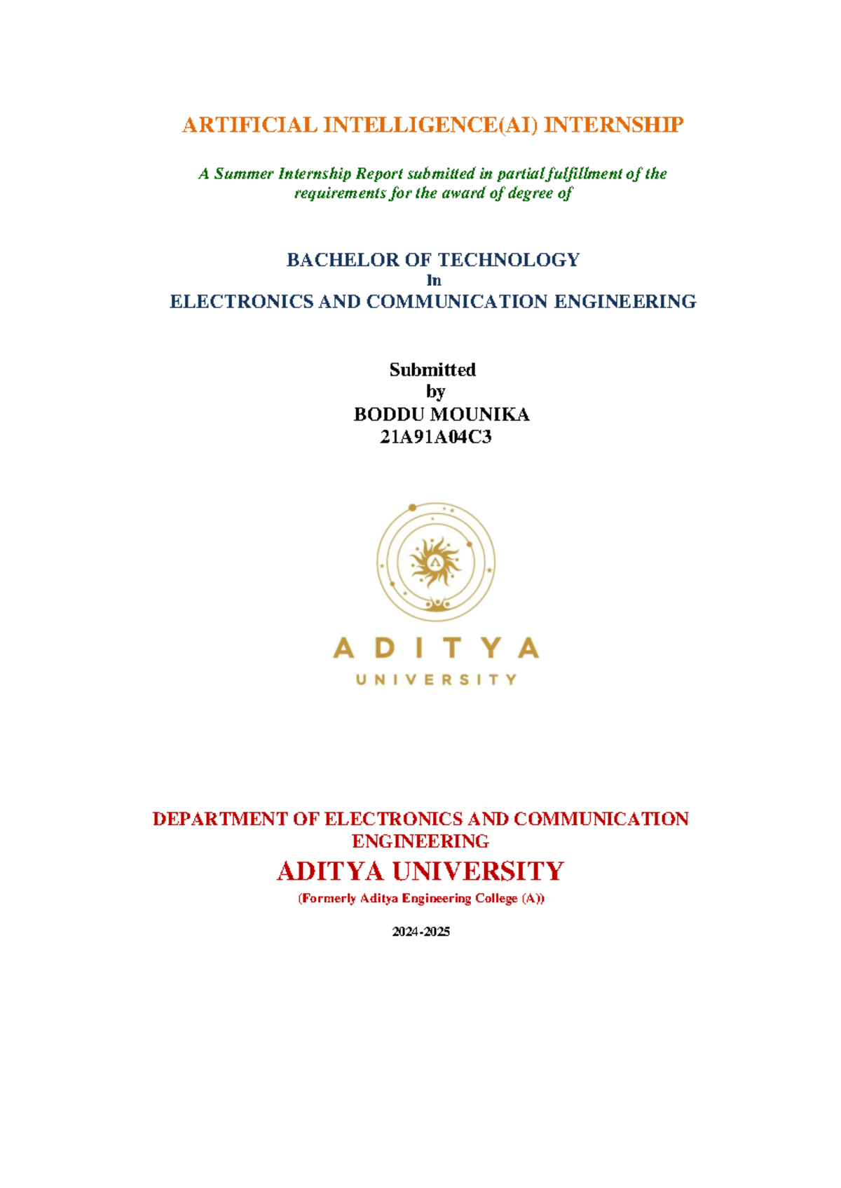 AI- Machine Learning - ARTIFICIAL INTELLIGENCE(AI) INTERNSHIP A Summer ...