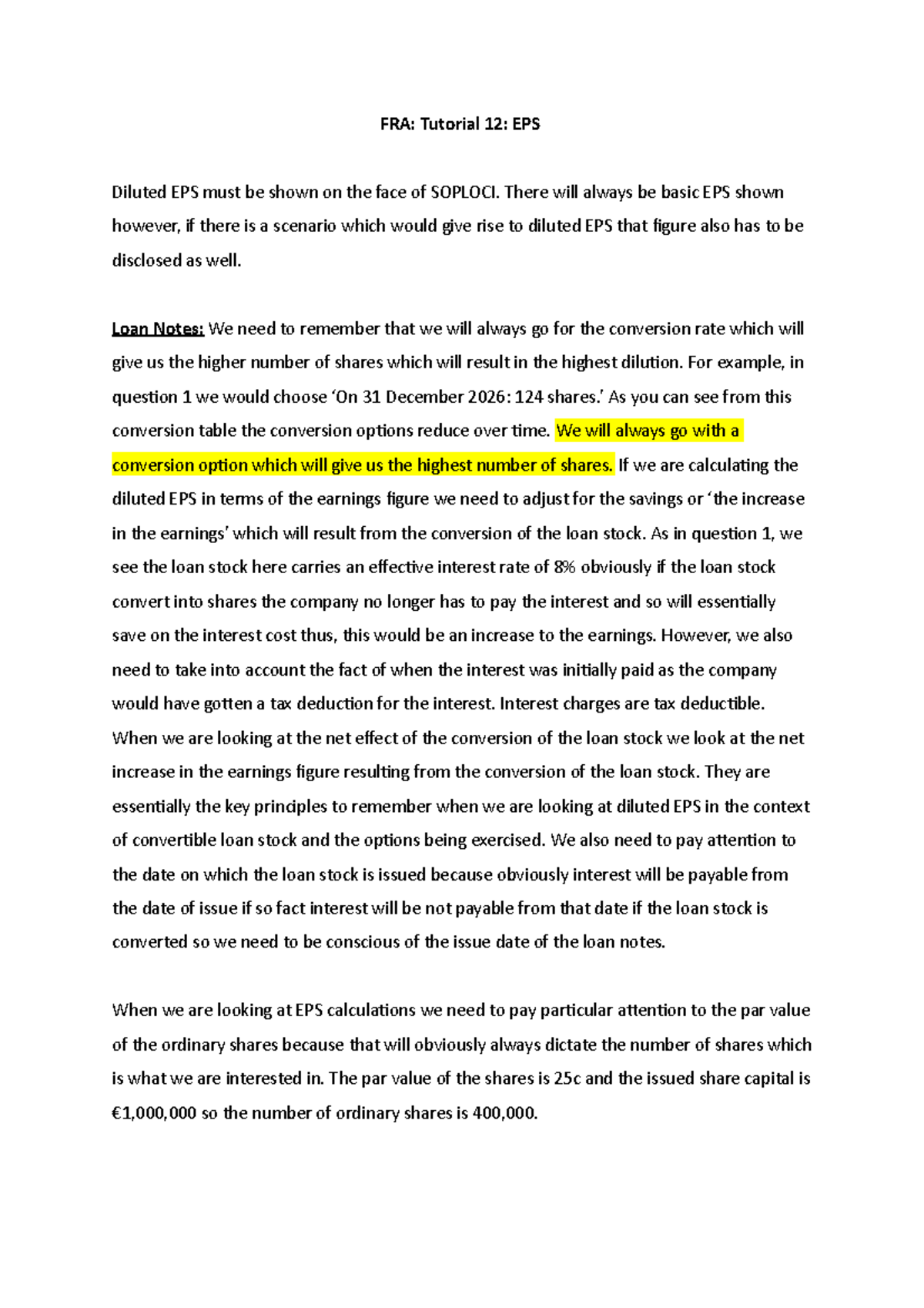 FRA Tutorial 12 - EPS - FRA: Tutorial 12: EPS Diluted EPS must be shown ...
