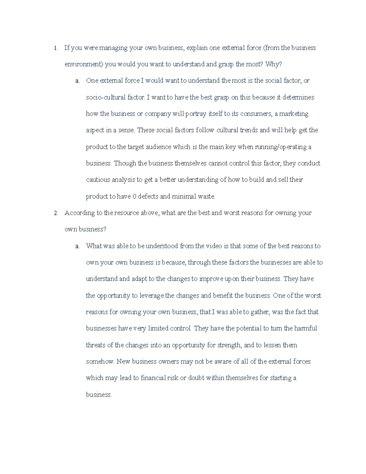 Intro to business lesson 1 assignment 1 - If you were managing your own ...