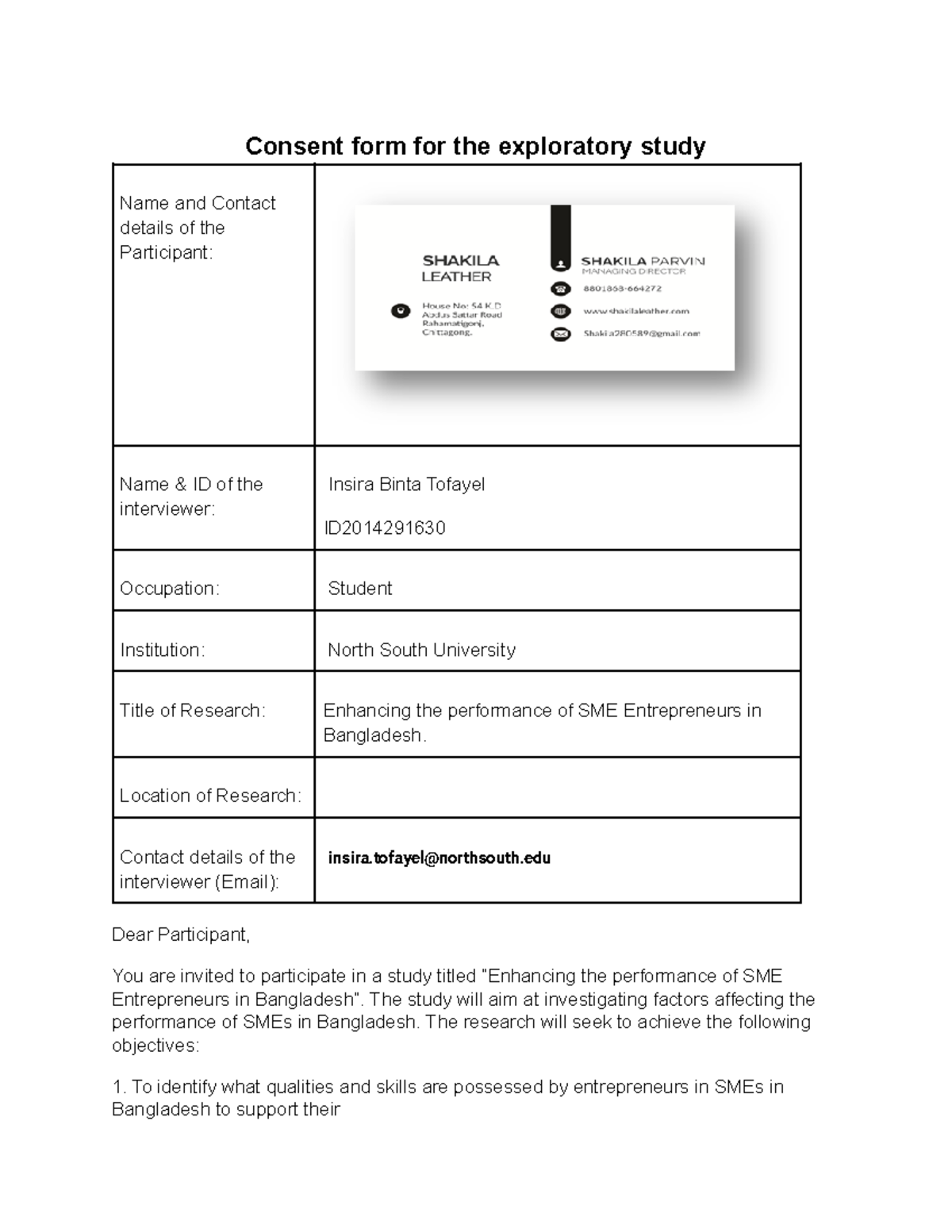 Consent form for the exploratory study - Location of Research: Contact details of the ...