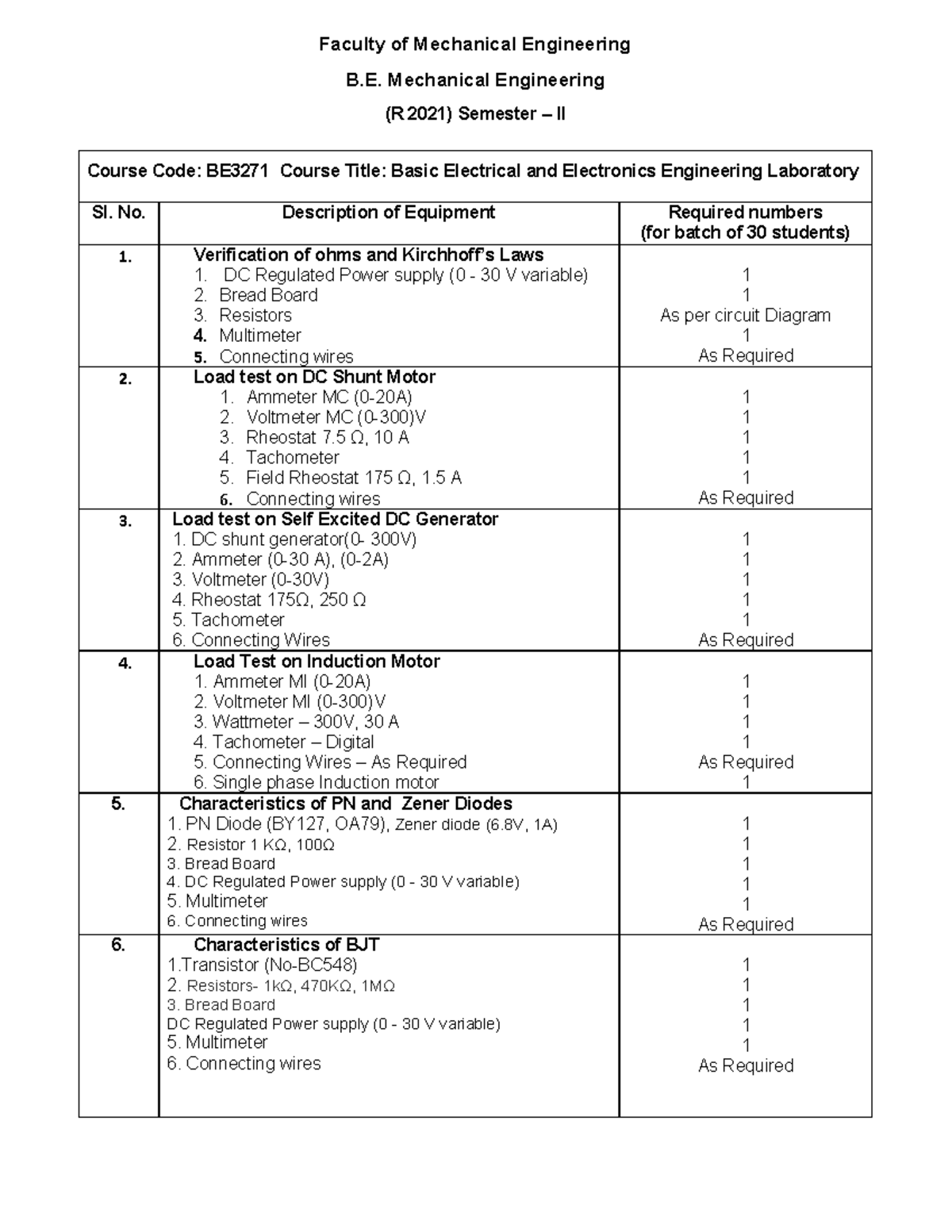 Anna university reg-2021 Mechanical Lab requirements - B. Mechanical ...