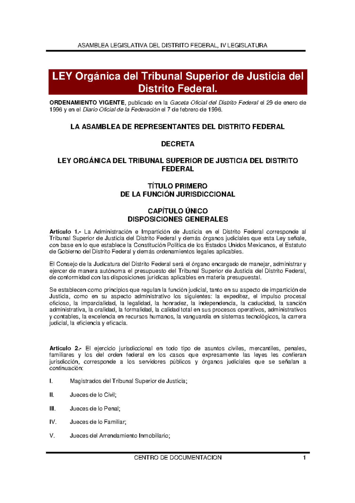 Ley Organica Del Tribunal Superior De Justicia Del Distrito Federal
