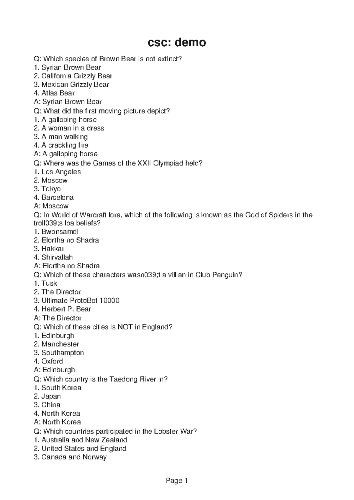 Csc-Paper-4 - Notes on CS - csc: demo Q: Which species of Brown Bear is ...