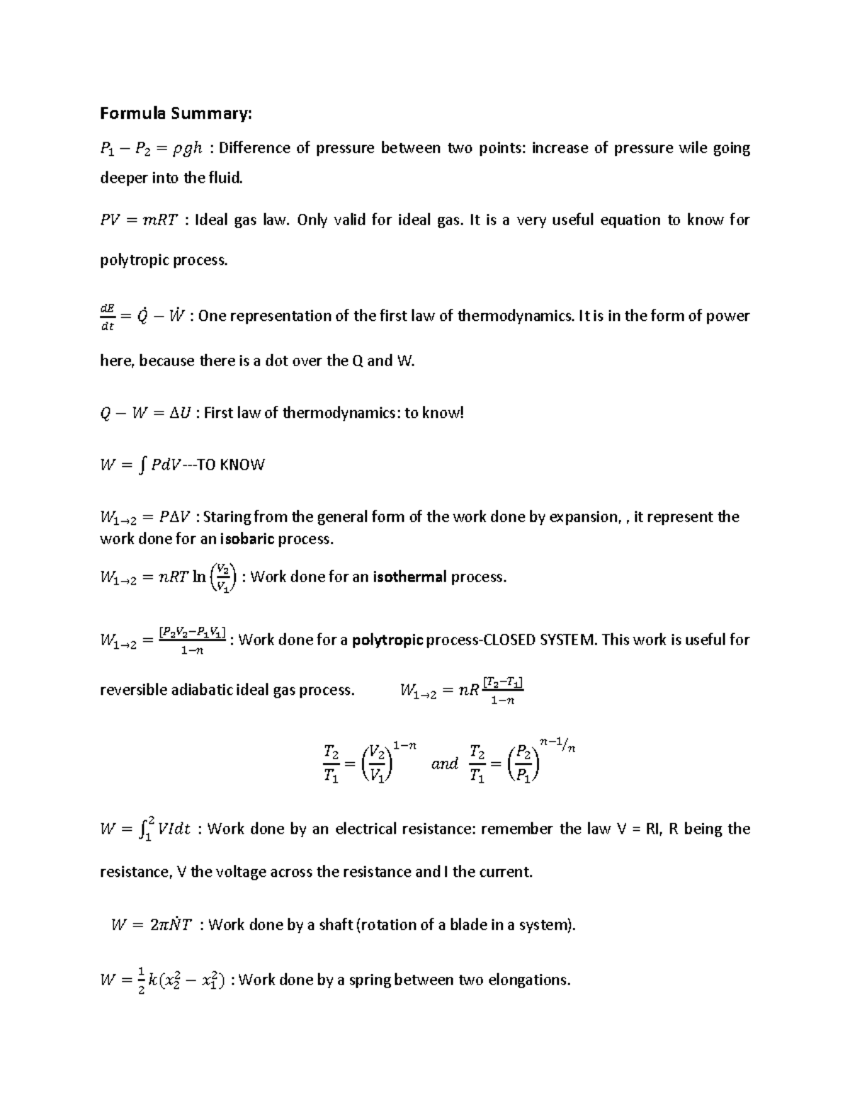 251-Formula Summary - engr 251 formula summery - Formula Summary: − = ℎ : Difference of - Studocu