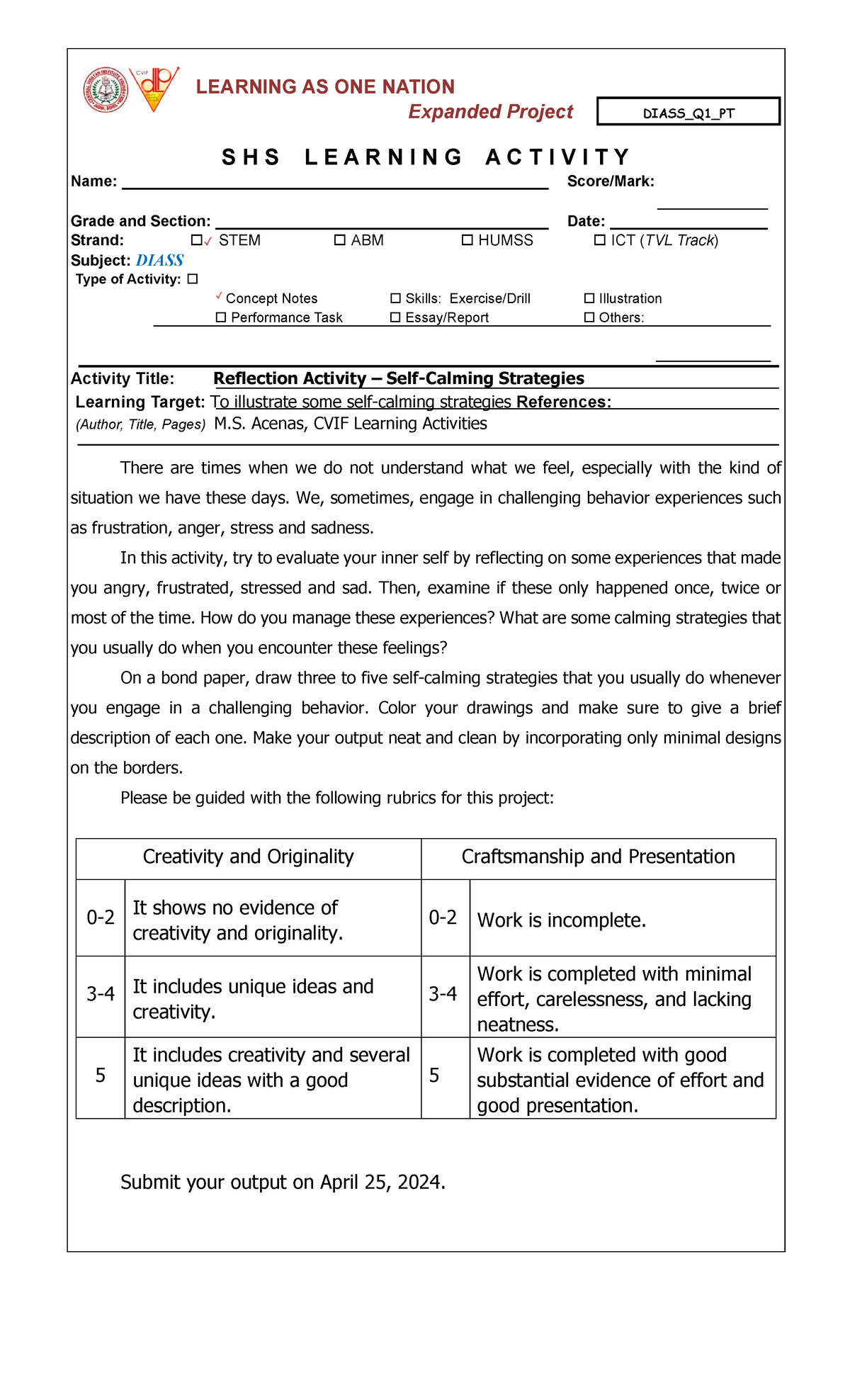 Diass activity 1 - LEARNING AS ONE NATION Expanded Project S H S L E A ...