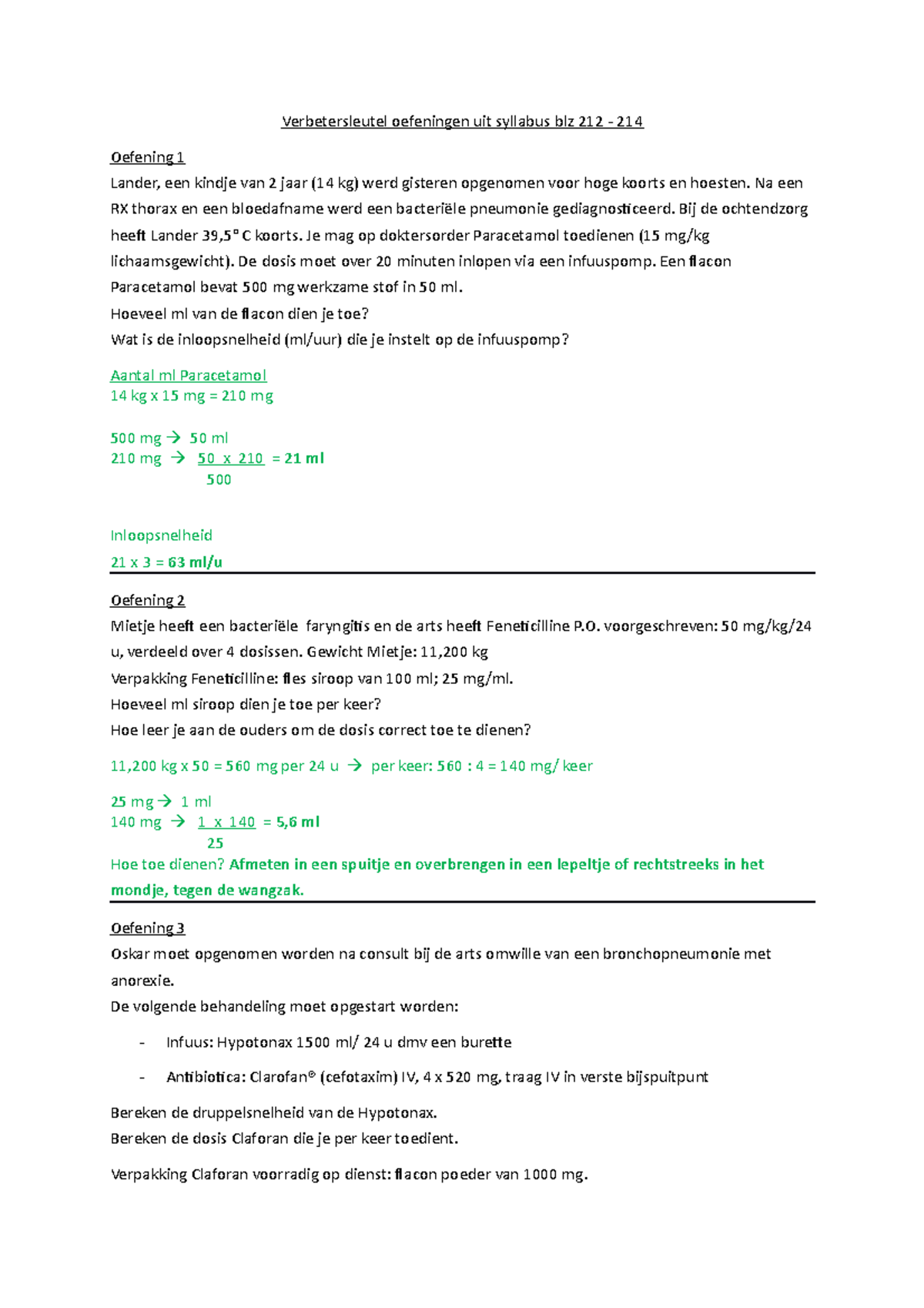 Kindzorg en pediatrie - Oplossingen medisch rekenen - Verbetersleutel ...