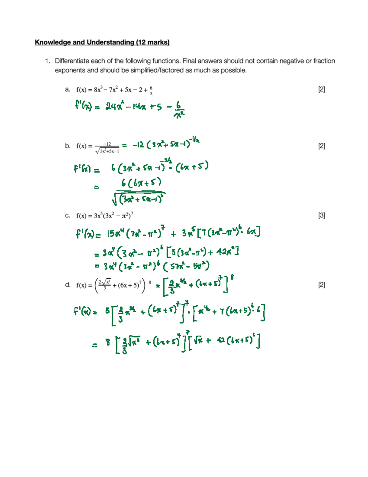 MCV4U - Unit 2 Practice Test Solutions - TY Gx - f x - 14 - F'G - 5 153 ...