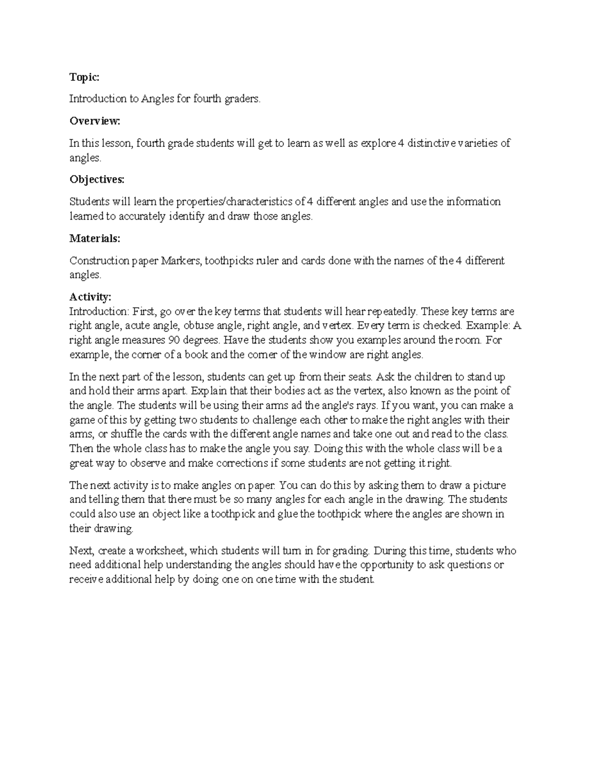 MAT -151 Lesson plan 2 - Topic: Introduction to Angles for fourth ...