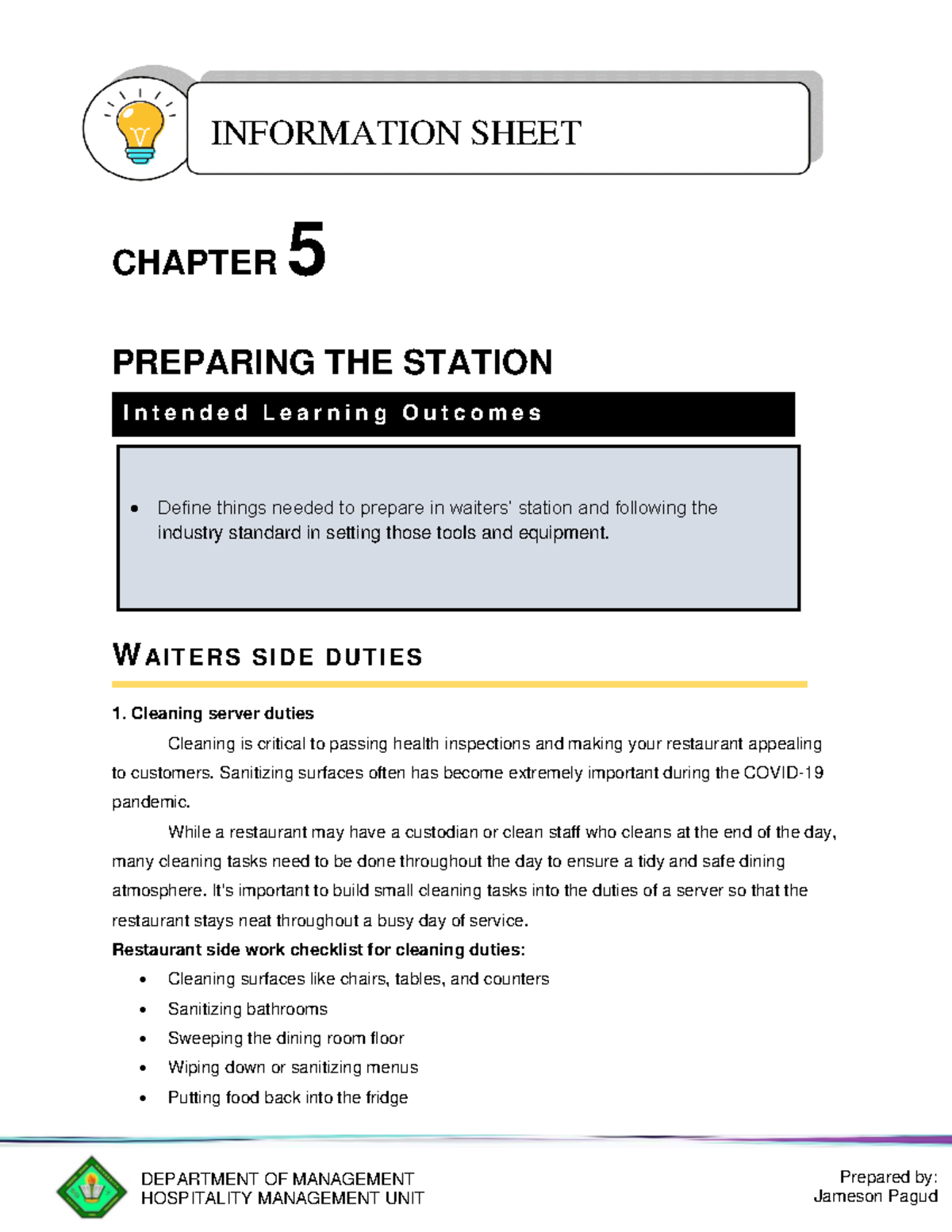 Chapter 5- Preparing THE Station - DEPARTMENT OF MANAGEMENT Prepared by ...