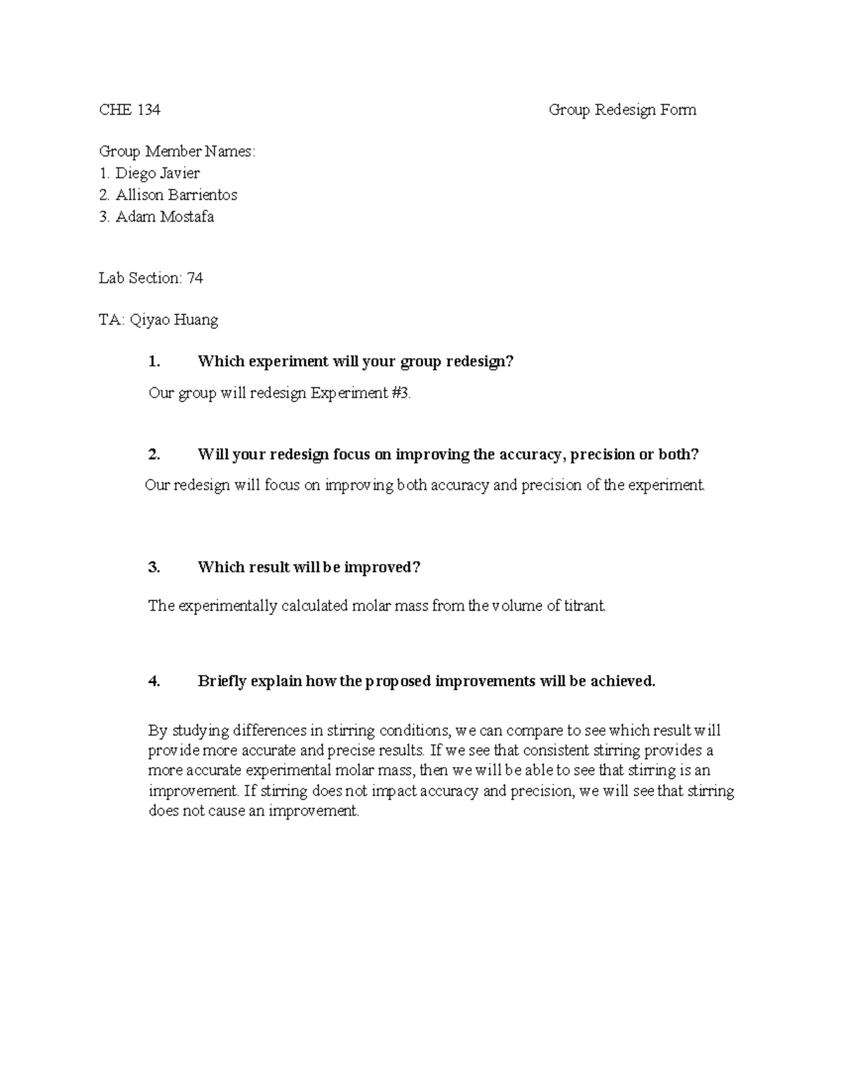 CHE 134 Group Redesign Form - CHE 134 Group Redesign Form Group Member ...