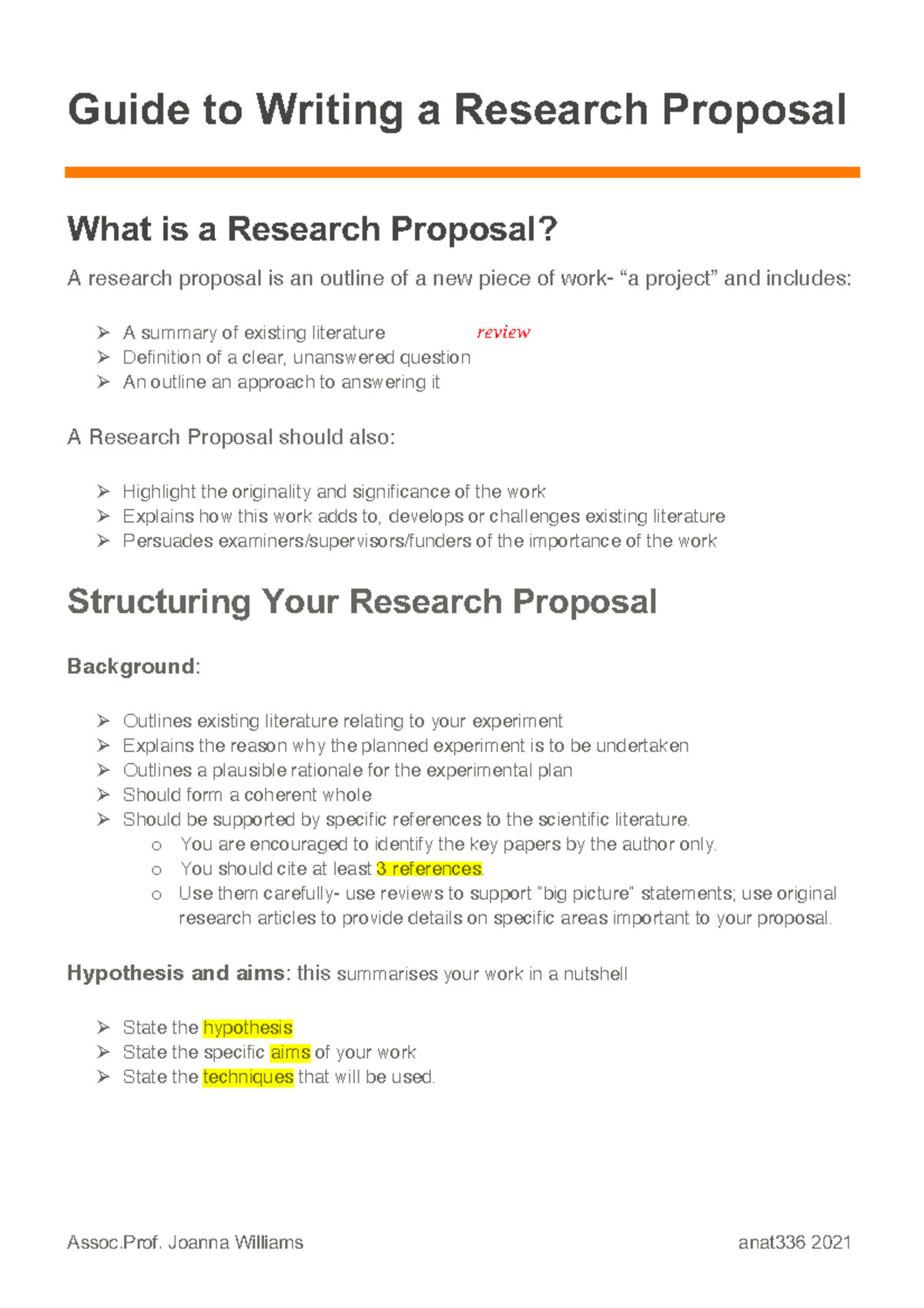 Guide to writing a Research Proposal - Assoc. Joanna Williams anat336 ...