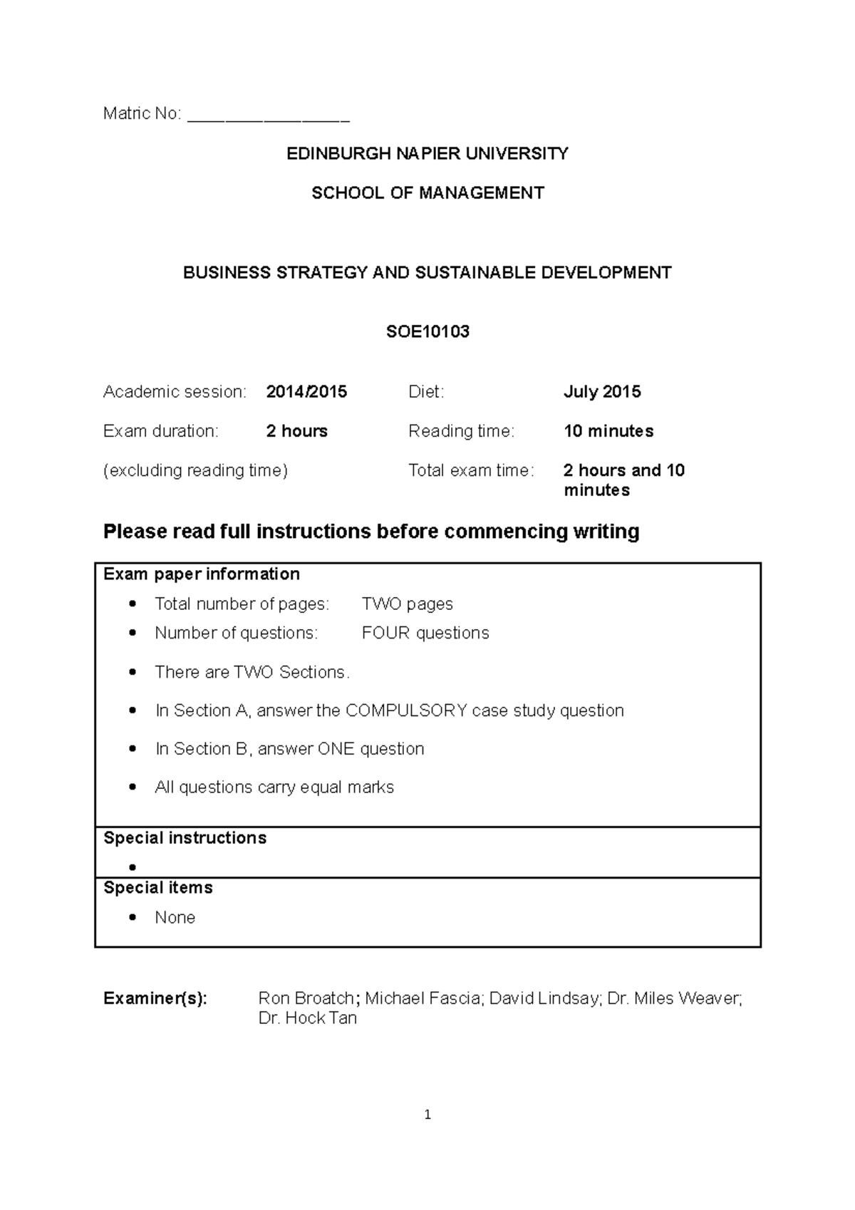 Exam 2015, questions - Matric No: _________________ EDINBURGH NAPIER ...