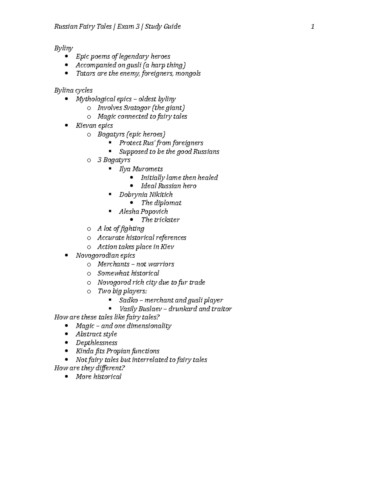 Russian Fairy Tales Exam 3 Study Guide - Byliny Epic poems of legendary ...