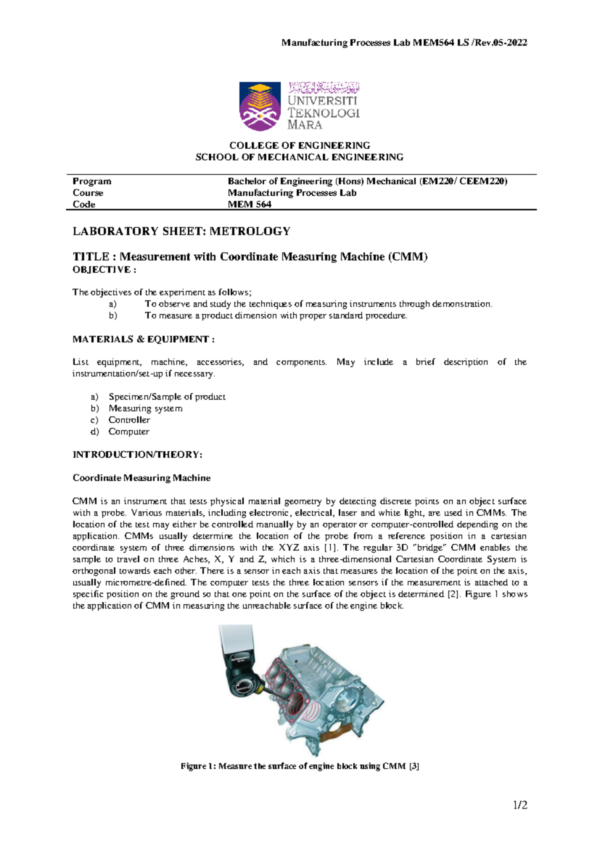 Metrology lab sheet - CMM - Manufacturing Processes Lab MEM564 LS /Rev ...