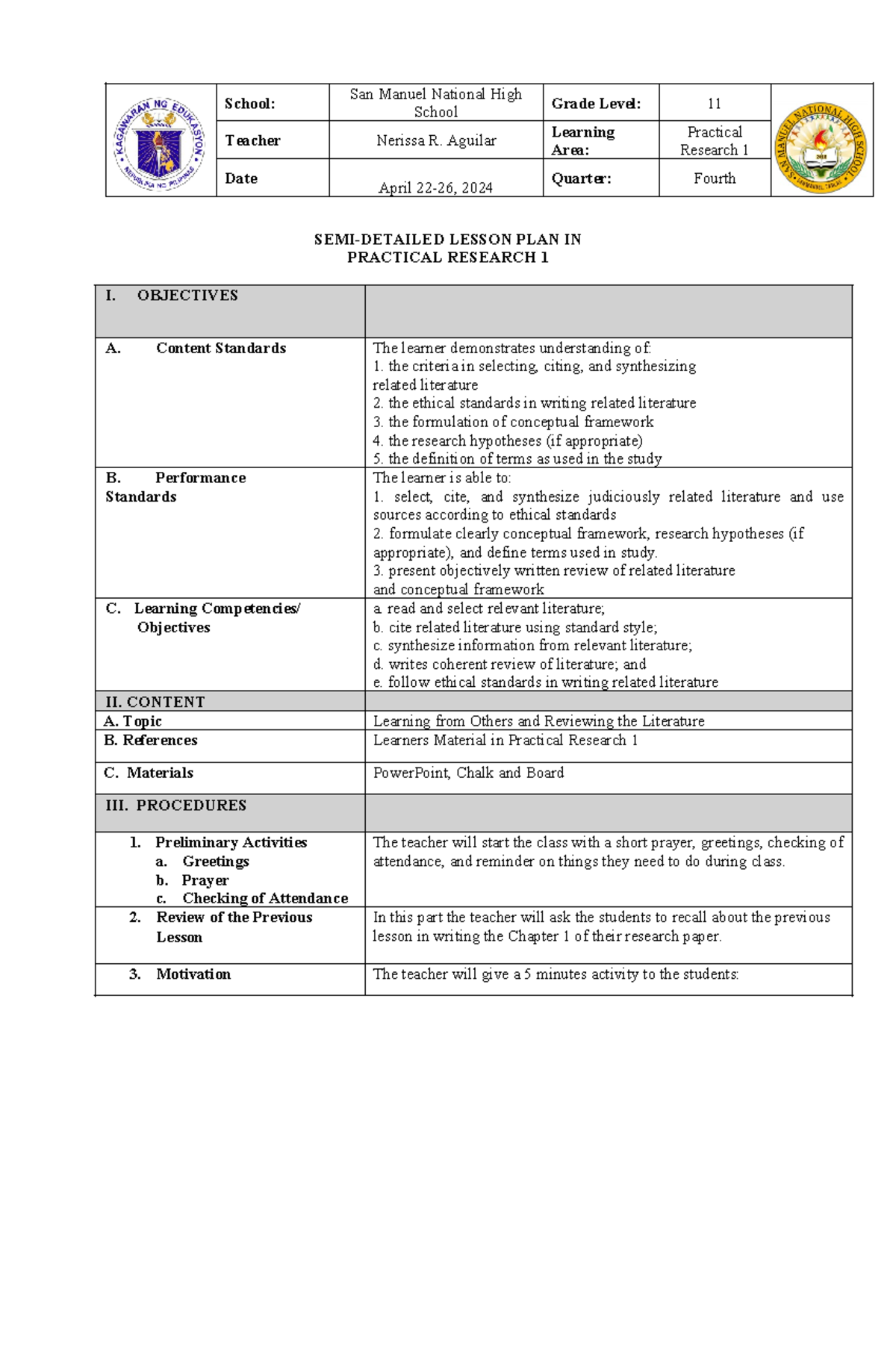 Week 5 - School: San Manuel National High School Grade Level: 11 ...