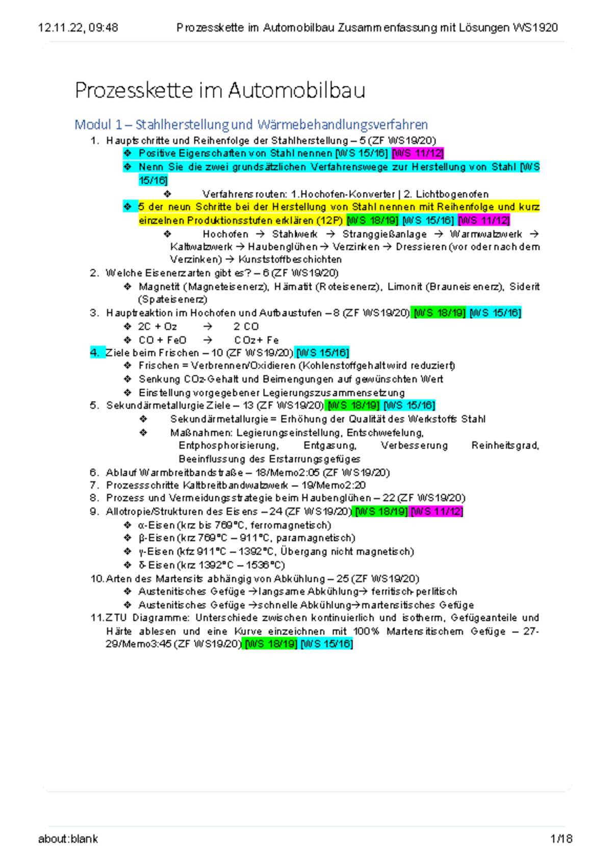 Prozesskette im Automobilbau Zusammenfassung mit Lösungen WS1920 ...