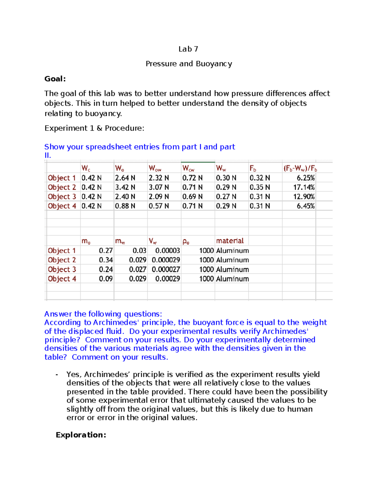 Lab 7 - lab 7 - Lab 7 Pressure and Buoyancy Goal: The goal of this lab was to better understand ...