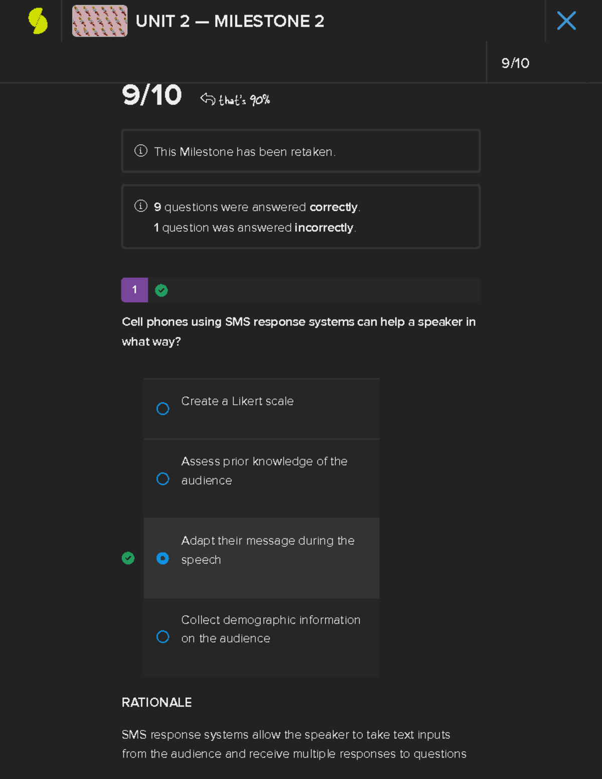 Unit 2 milestone retake 2 - 1 9 / 10 that's 90% This Milestone has been ...