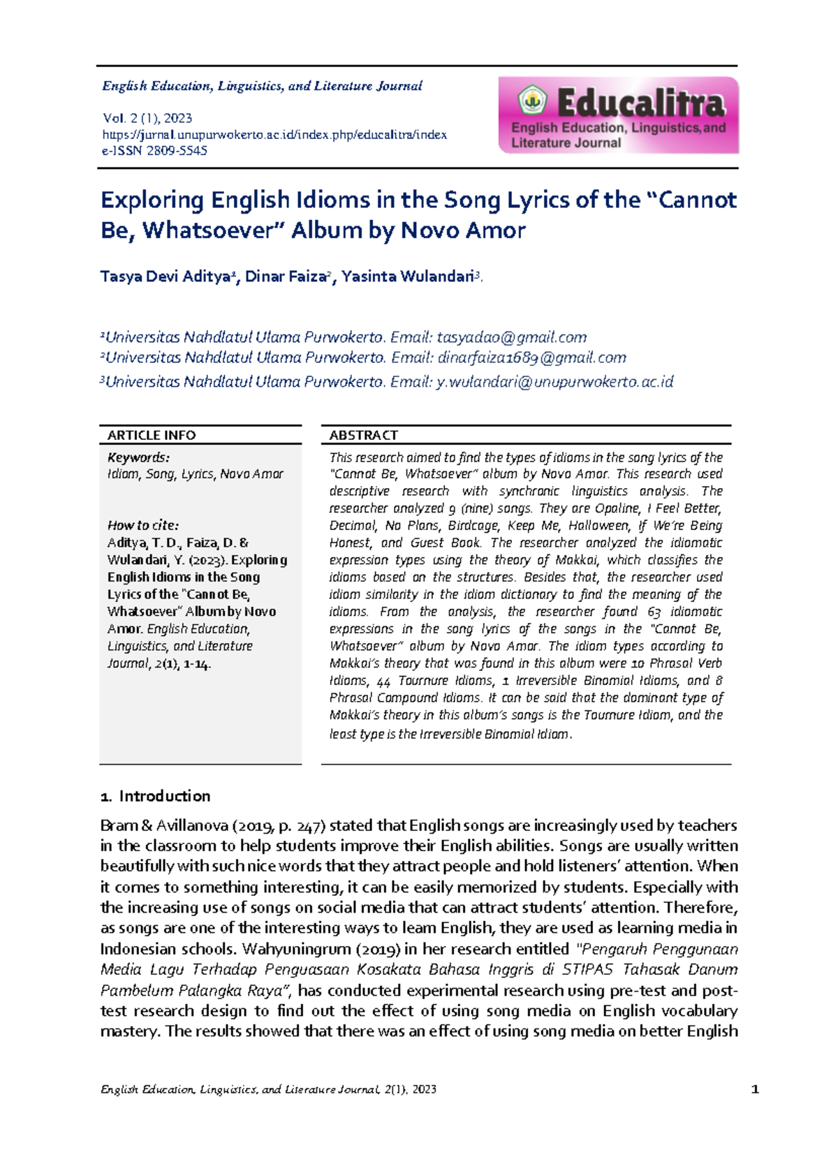 Exploring English Idioms in the Song Lyrics of the 'Cannot Be ...