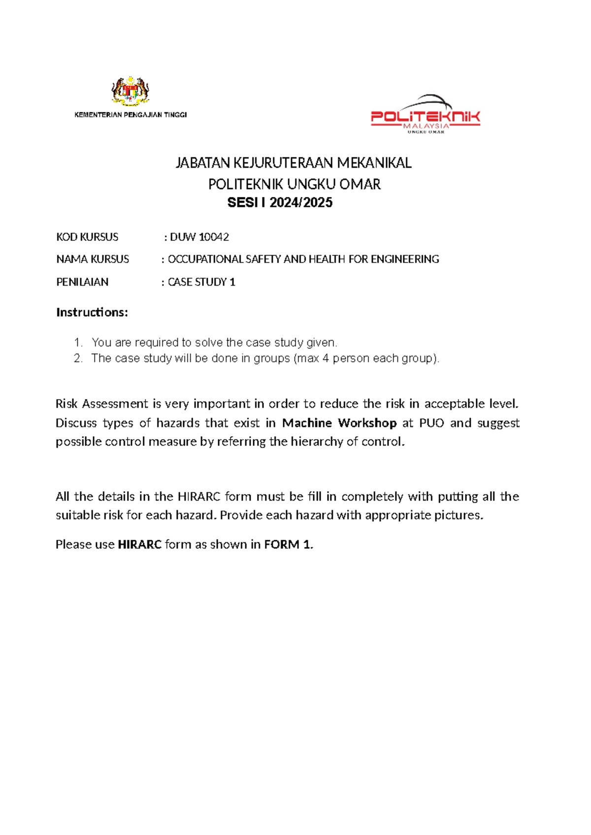 DUW10022 CASE Study 1 - JABATAN KEJURUTERAAN MEKANIKAL POLITEKNIK UNGKU ...