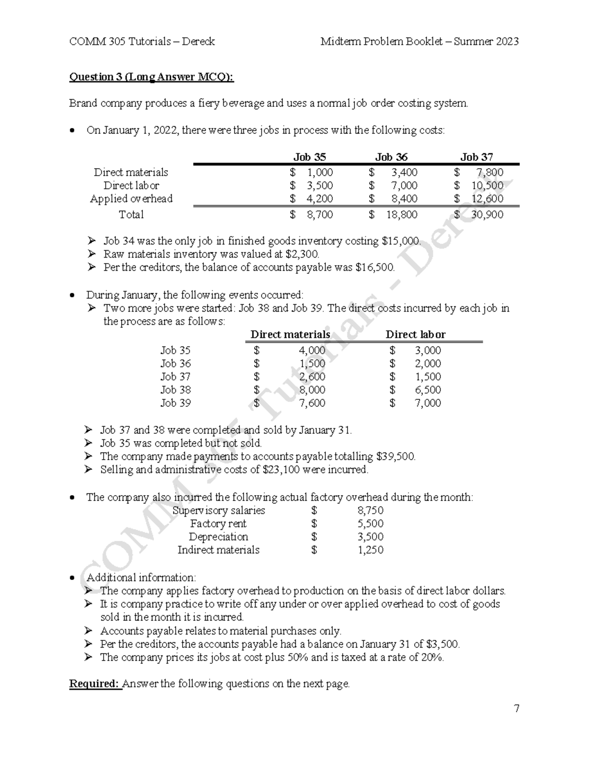 Extra chapter 3 - COMM 305 Tutorials – Dereck Midterm Problem Booklet – Summer 2023 7 Question 3 ...