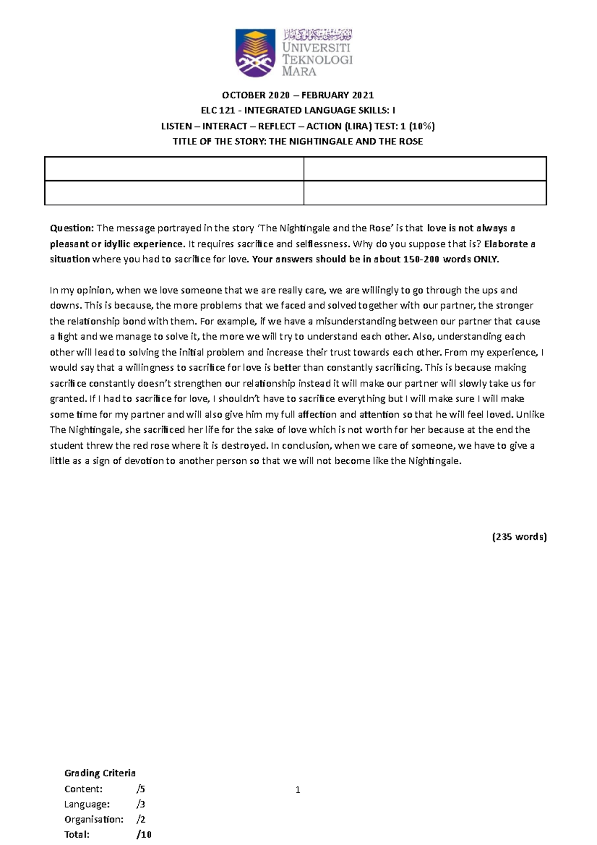 LIRA 1 Sample (THE Nightingale AND THE ROSE) - OCTOBER 2020 – FEBRUARY 2021 ELC 121 - INTEGRATED ...