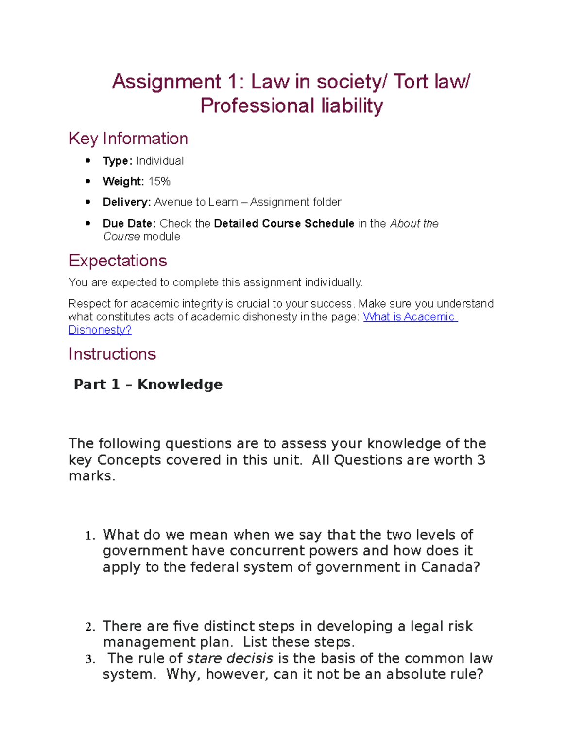 BUS 436 Assignment 1 - Assignment 1: Law in society/ Tort law ...