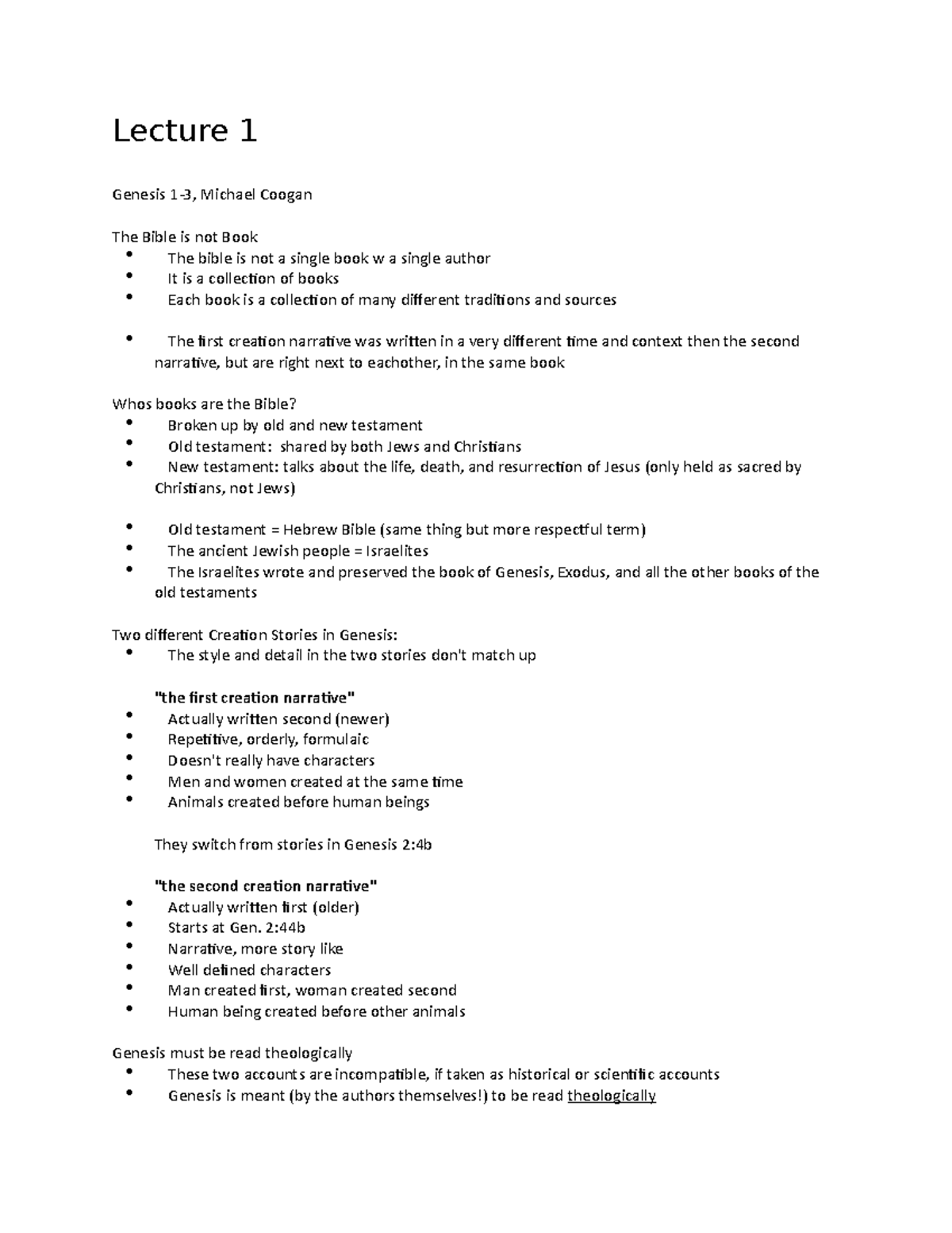 Lecture 1 - Julia Feder` - Lecture 1 Genesis 1-3, Michael Coogan The ...