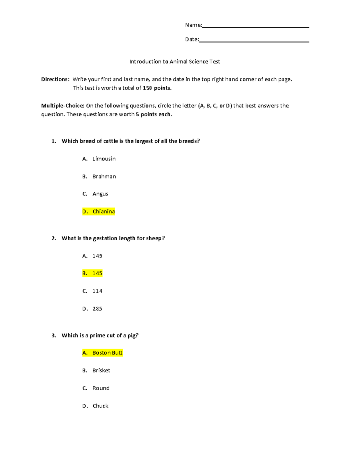 Animal science test teacher copy - Date: Introduction to Animal Science ...