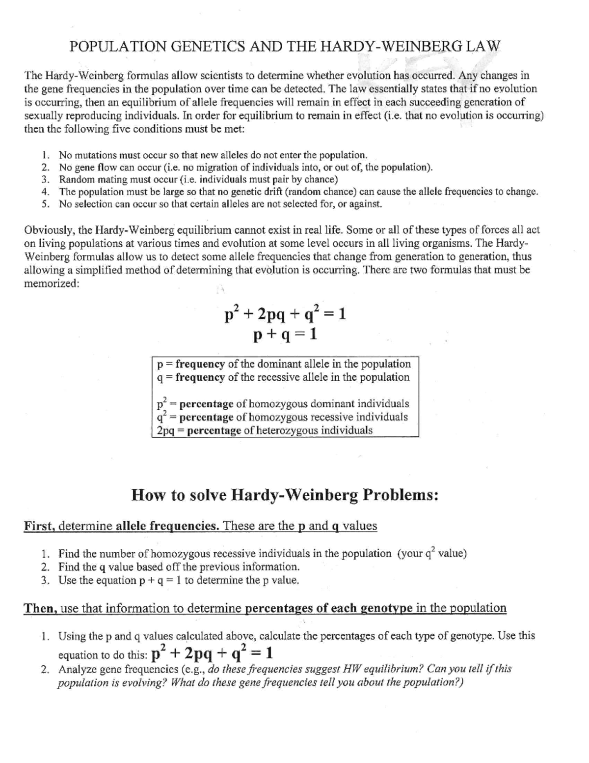 Hardy Weinberg Intro and Problems 1415 - KEY - BIOL-K103 - Studocu