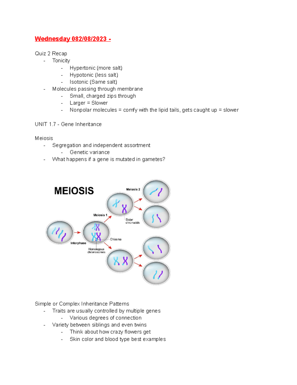 Week 3 - Biology - Wednesday 082/08/2023 - Quiz 2 Recap - Tonicity ...