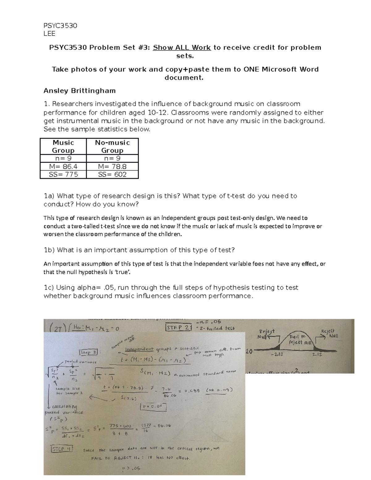 Problem Set3 ab - PSYC LEE PSYC3530 Problem Set #3: Show ALL Work to receive credit for problem ...