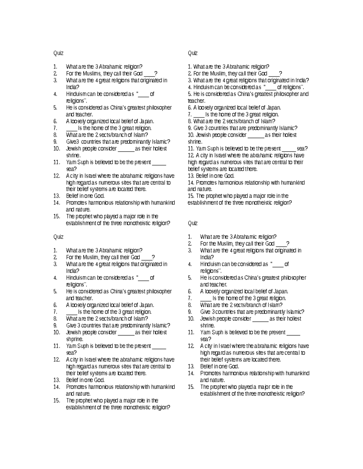 Long Quiz in ITWR docx - quiz - Quiz What are the 3 Abrahamic religion ...