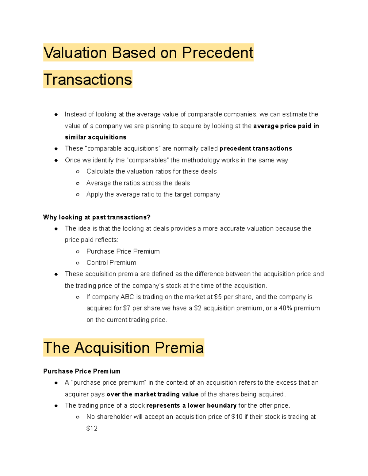 Week 3 - week 3 notes - Valuation Based on Precedent Transactions ...