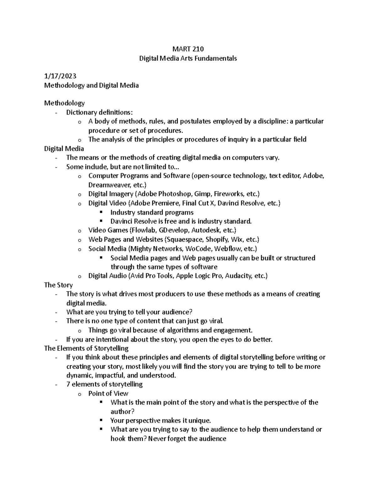 MART 210 - All notes from lecture slides and verbal information that ...