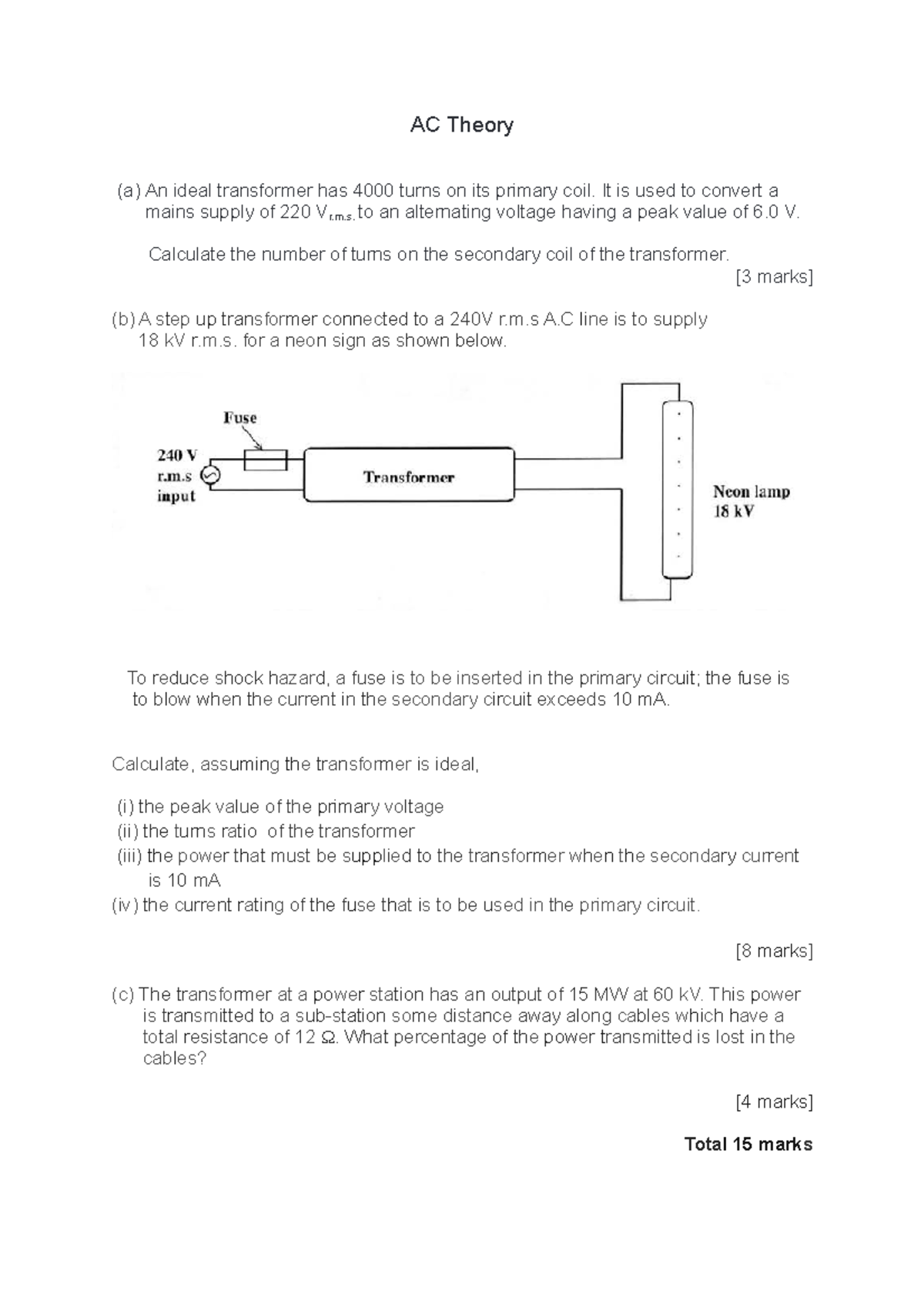 AC Theory Worksheet with transformers - AC Theory (a) An ideal ...