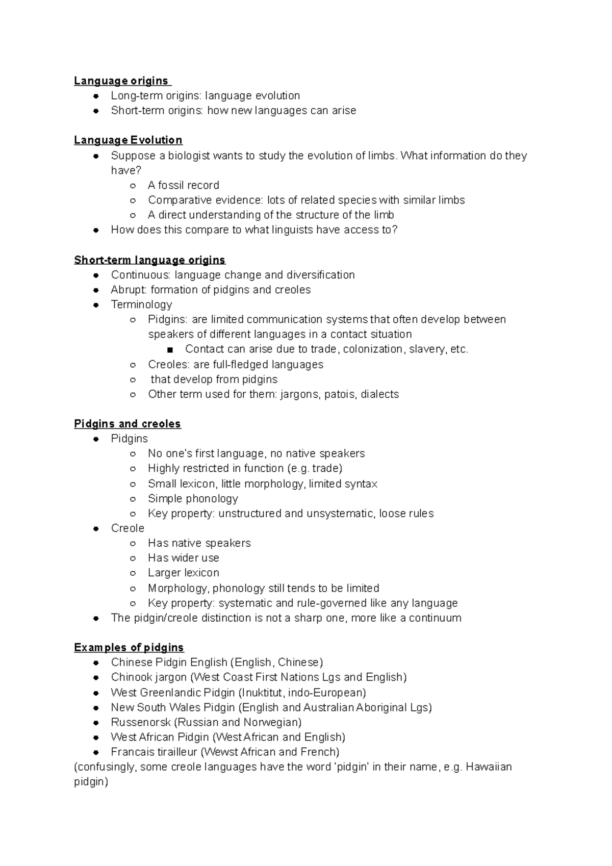 Pidgins and Creoles - lecture notes - Language origins Long-term ...