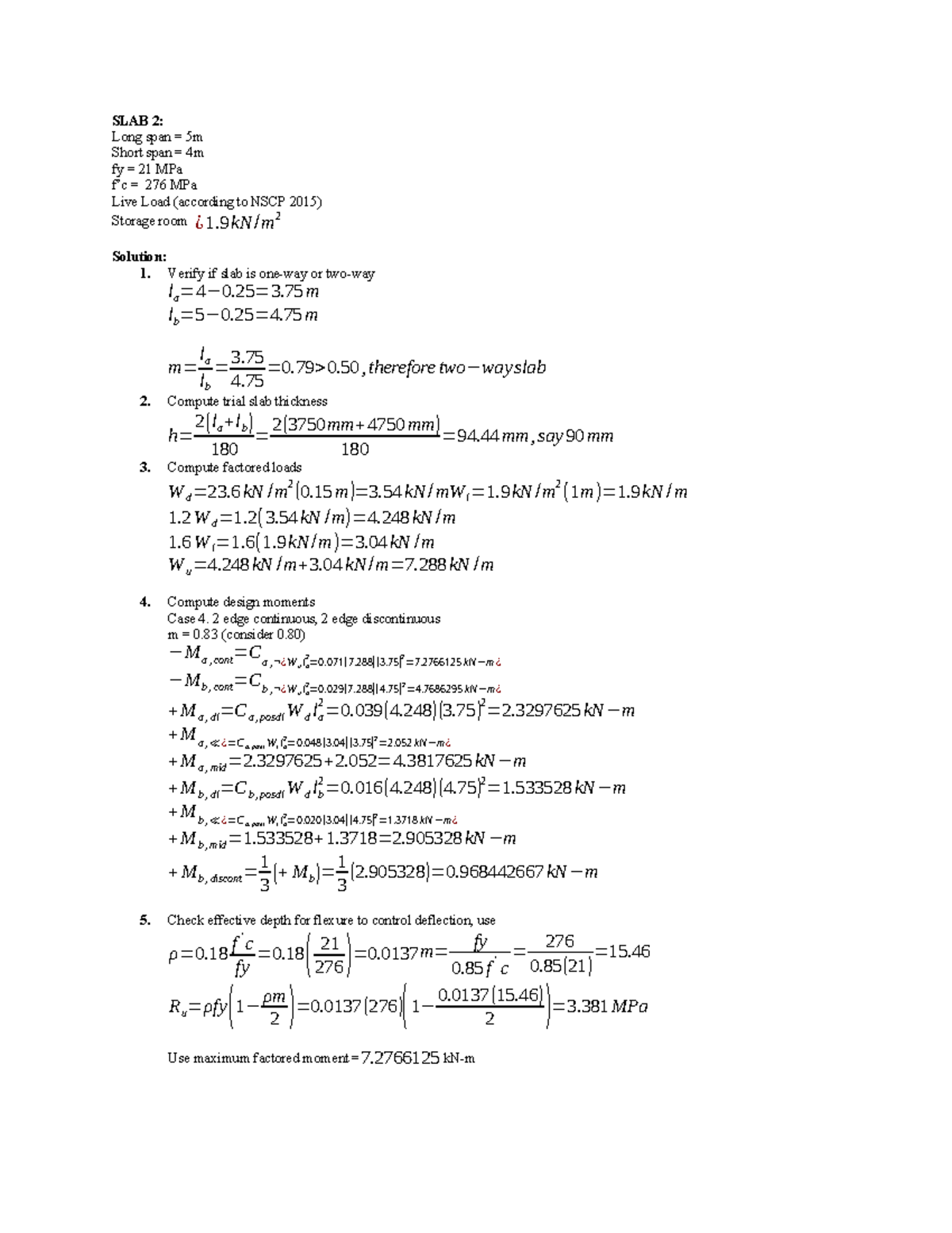 2 way slab 2 - for education - SLAB 2: Long span = 5m Short span = 4m ...