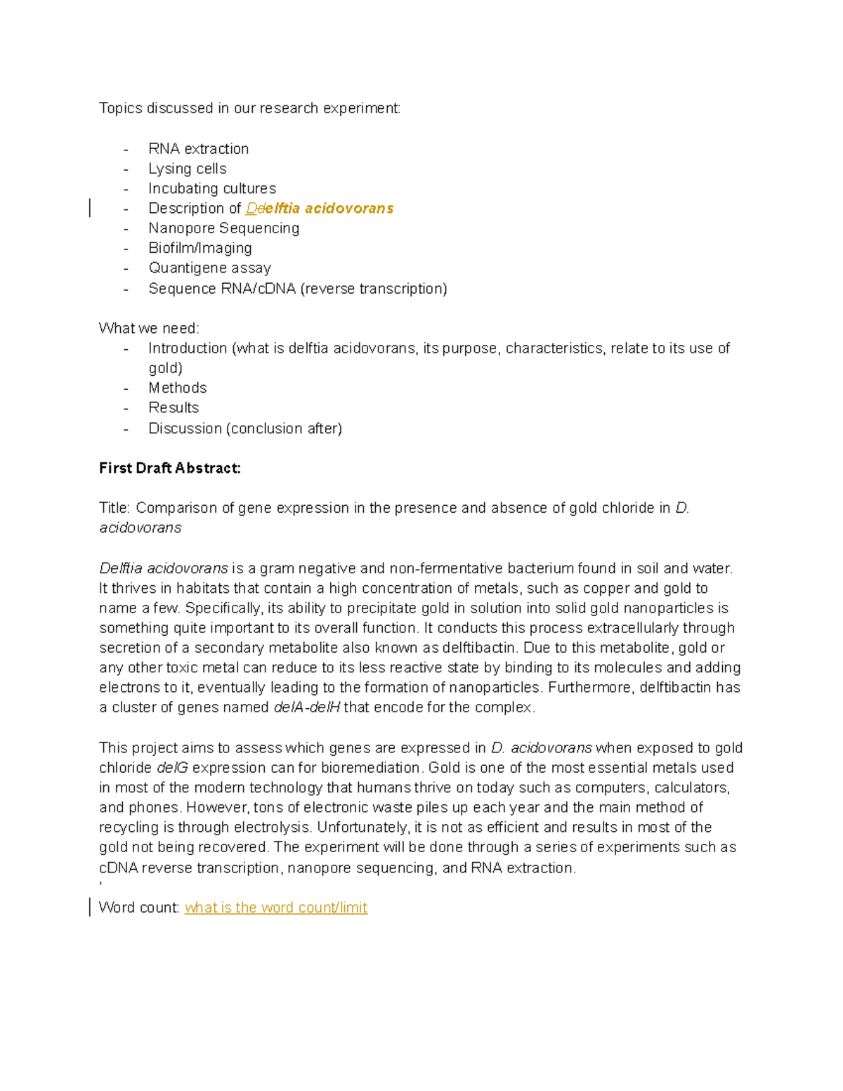 Abstract Draft - Topics discussed in our research experiment: RNA ...