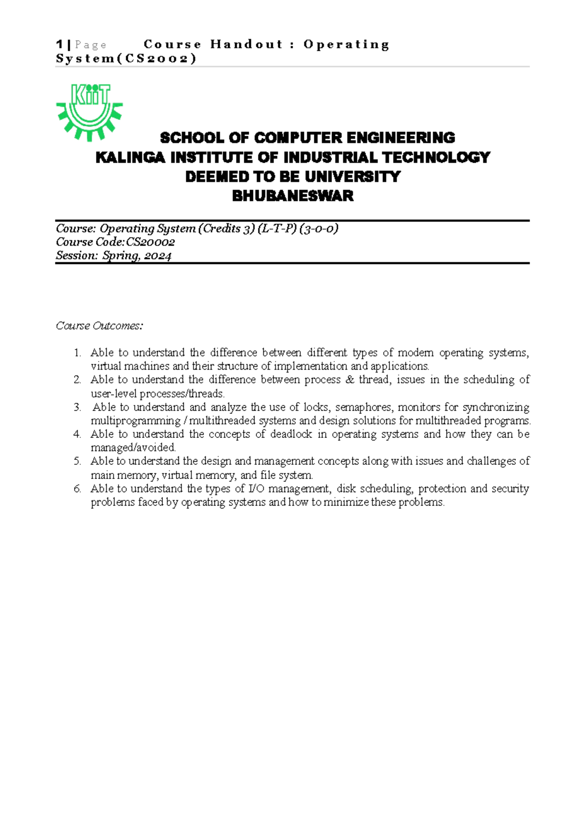 OS Syllabus - 1 | P a g e C o u r s e H a n d o u t : O p e r a t i n g ...