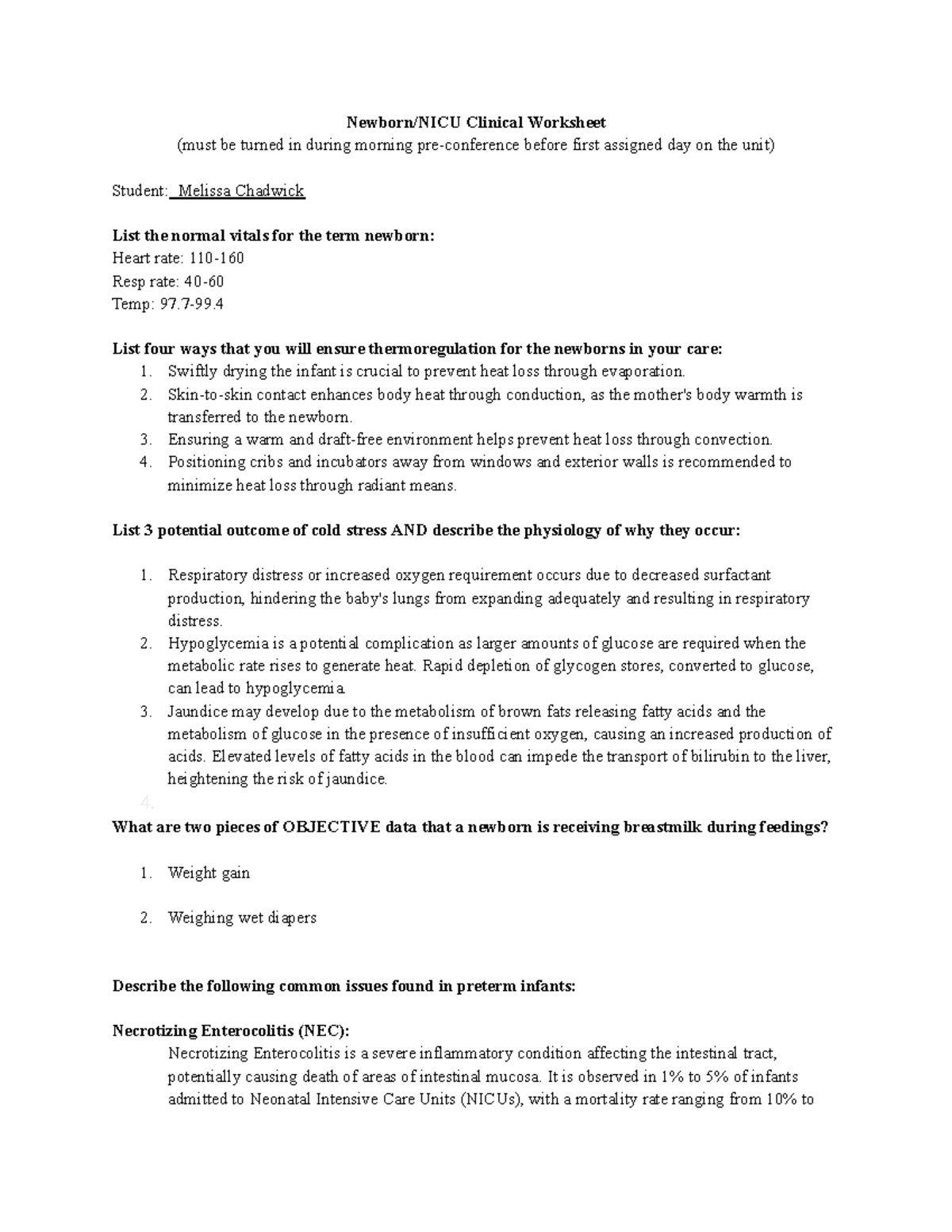 Newborn NICU Clinical Worksheet - Newborn/NICU Clinical Worksheet (must ...
