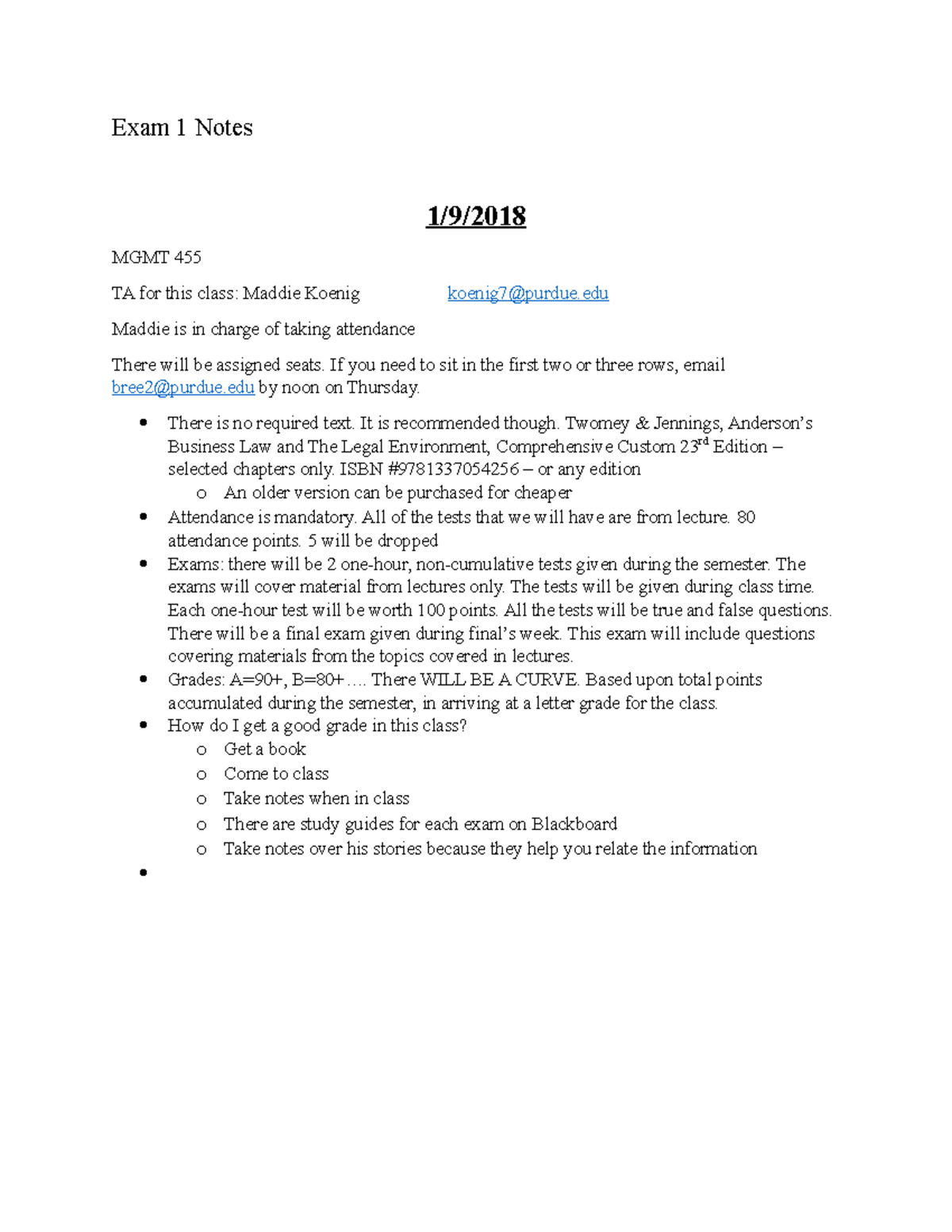 Exam 1 Notes - Exam 1 Notes 1/9/ MGMT 455 TA for this class: Maddie ...