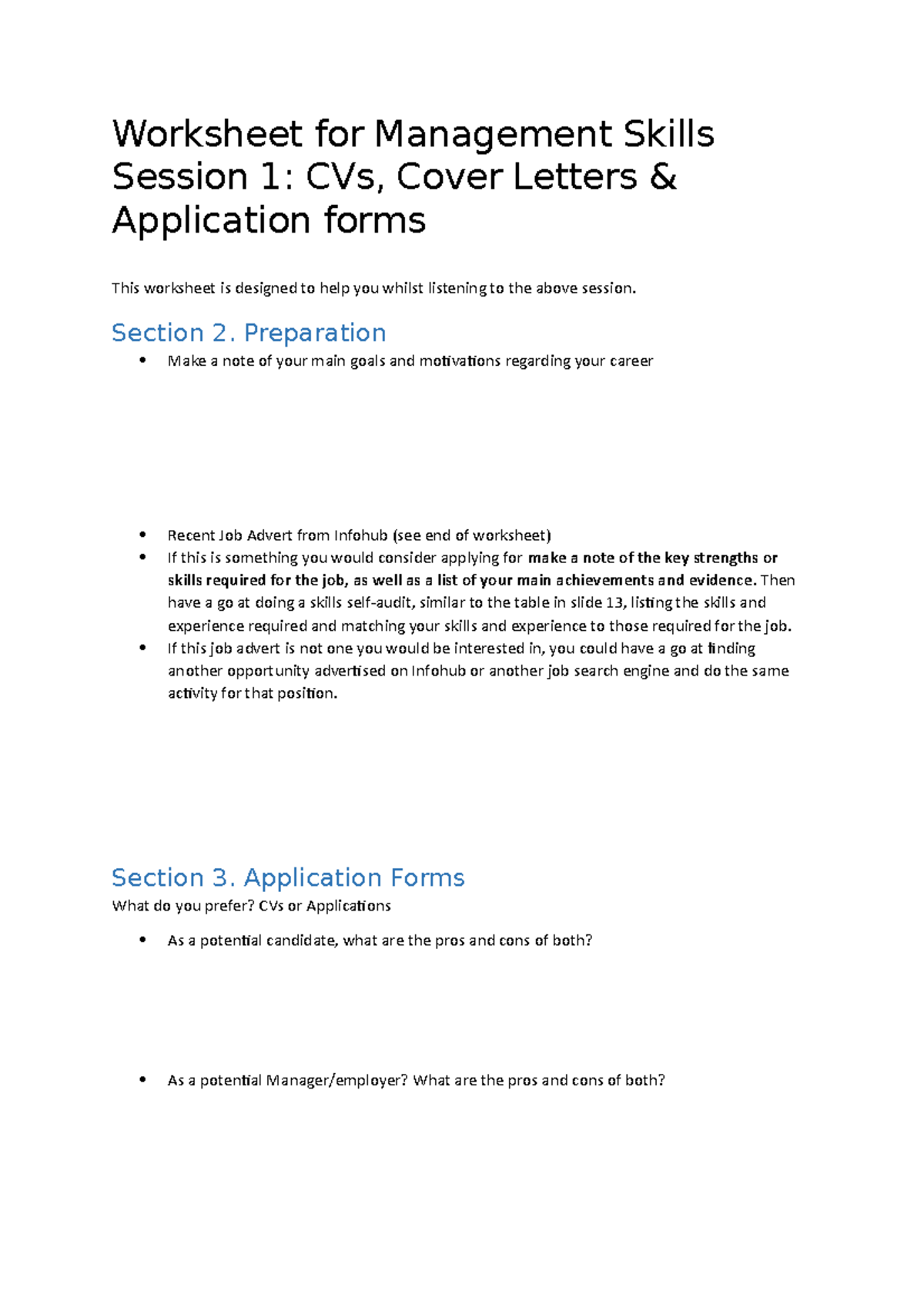Worksheet for Lecture 2 - Management Skills Session 1 - Worksheet for ...